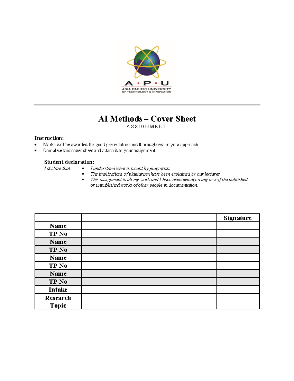 AI Methods Assignment Cover Sheet - 2509 - Studocu