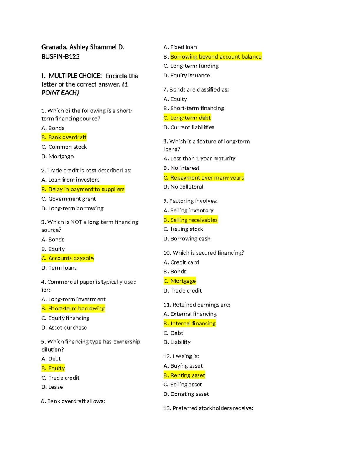 LONG QUIZ: BUSFIN - Multiple Choice Questions with Answers - Studocu