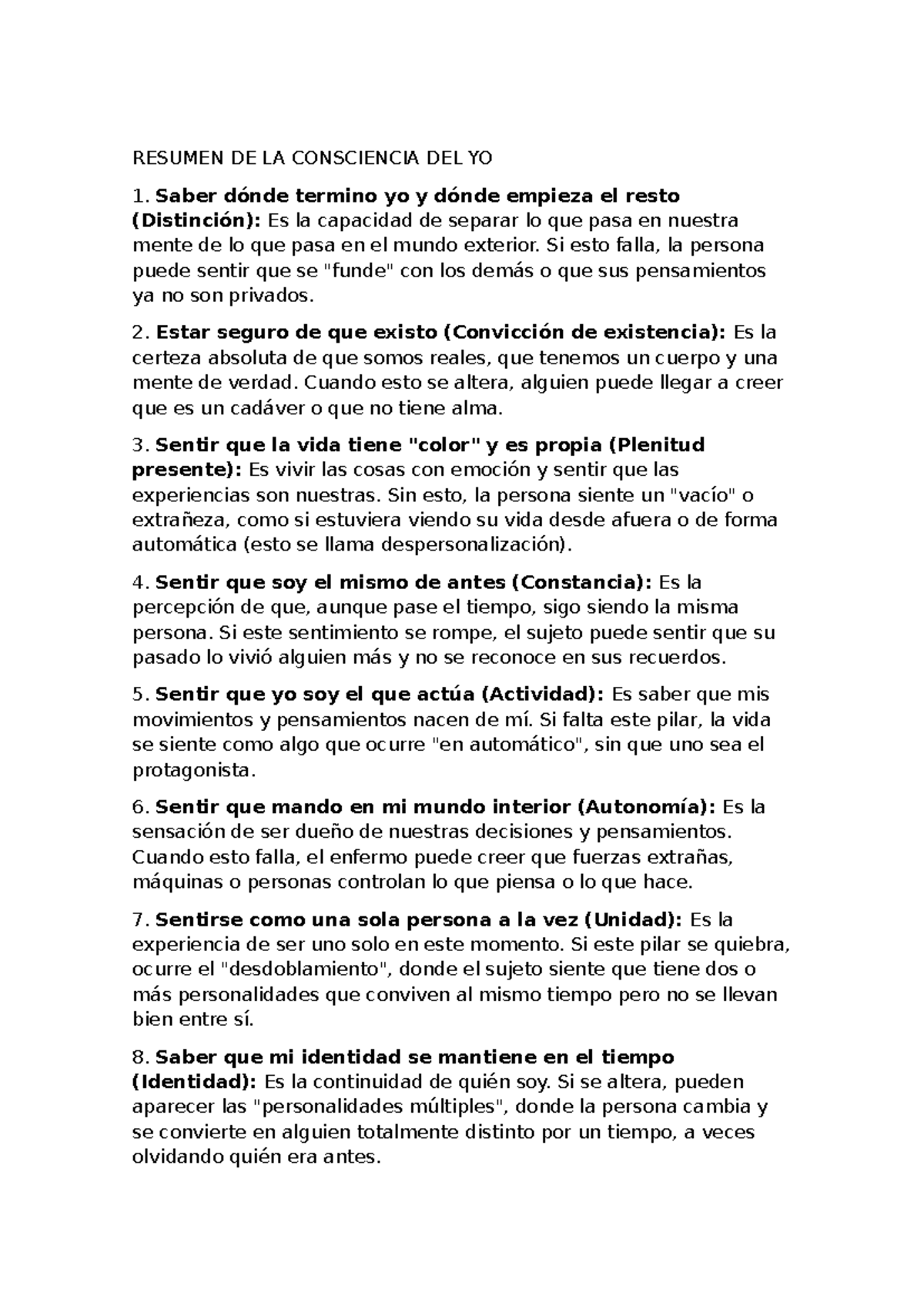 Resumen de la Conciencia del Yo: Elementos Clave y Alteraciones - Studocu