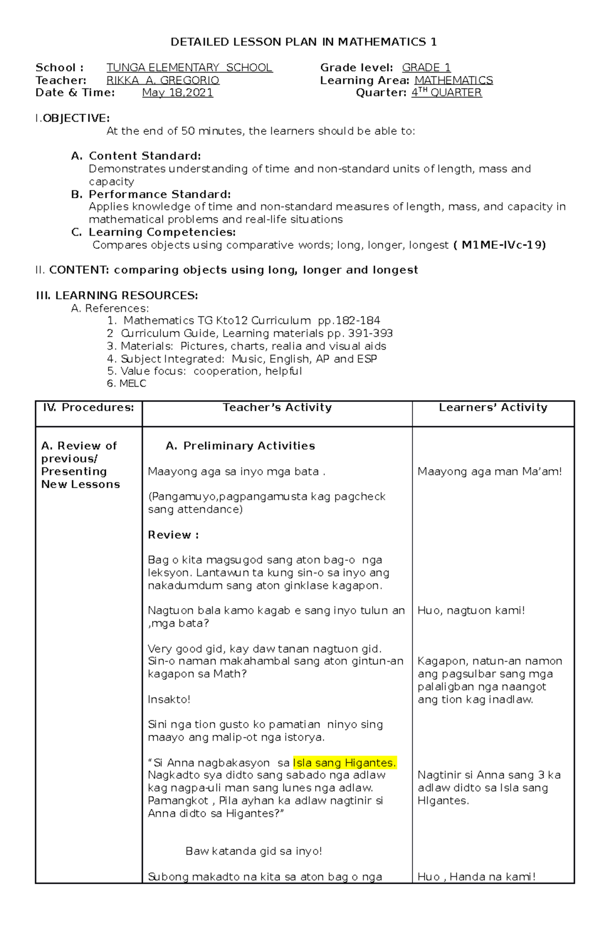 A Detailed Lesson PLAN IN Mathematics 1- 2021 hiligaynon - DETAILED ...