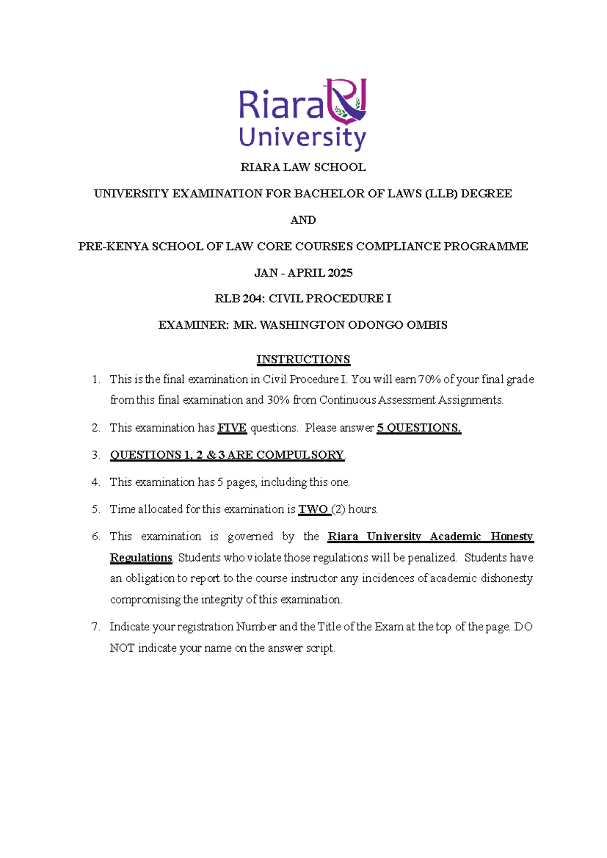 RLB 204: Civil Procedure I Final Exam Instructions & Questions - Studocu