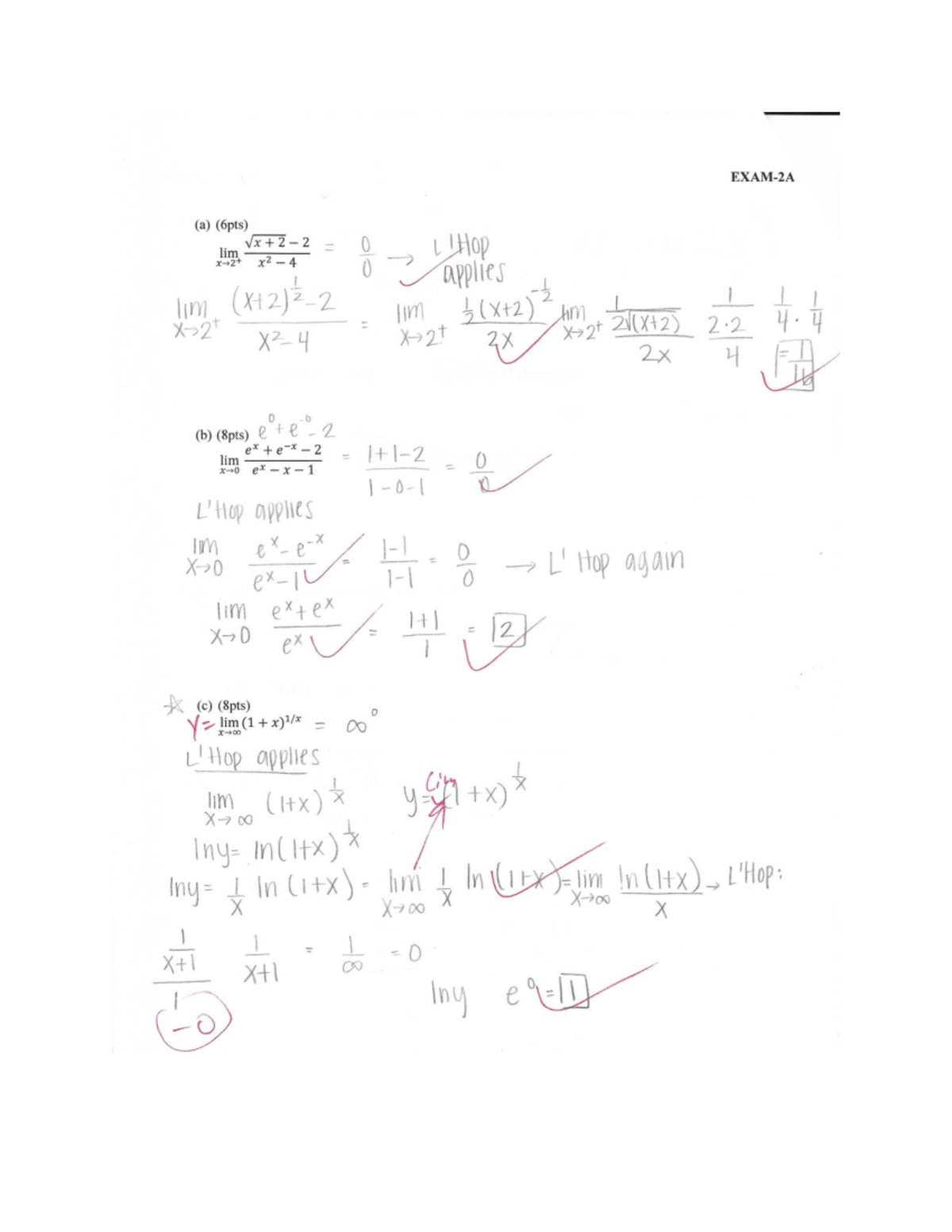 EXAM 2 - Exam 2 for Math 2413 - with answers - (a) (6pts) lim, L Hop ...