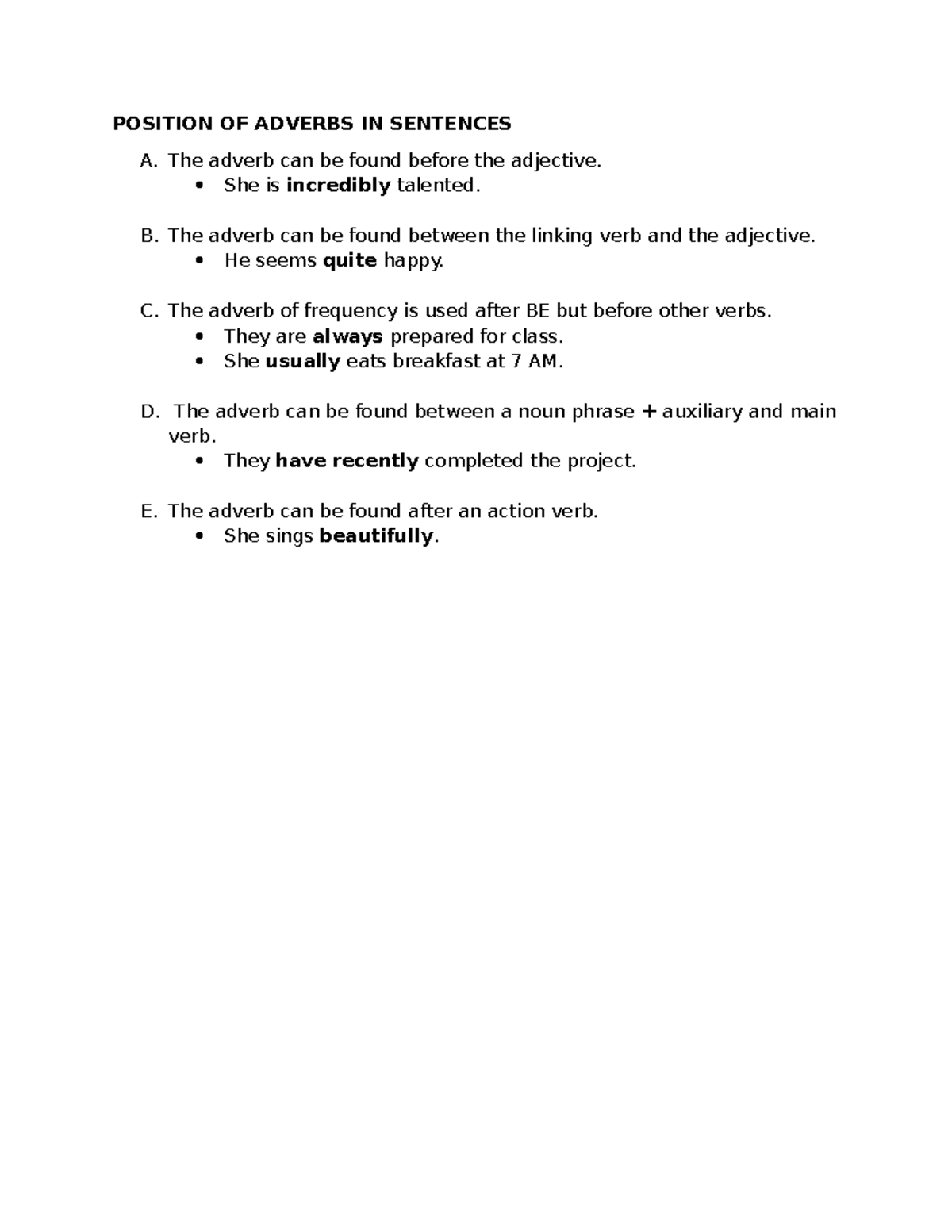 Positions of Adverbs in Sentences - POSITION OF ADVERBS IN SENTENCES A ...
