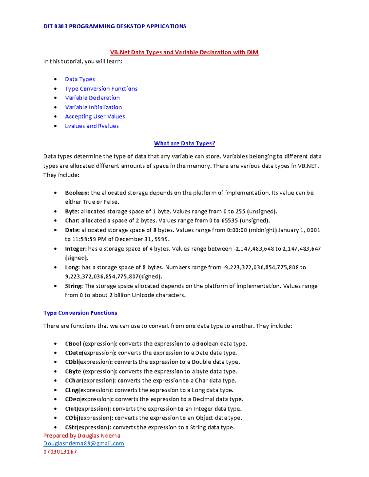 VB.NET Variables, Data Types, Constants & Option Statements Guide - Studocu
