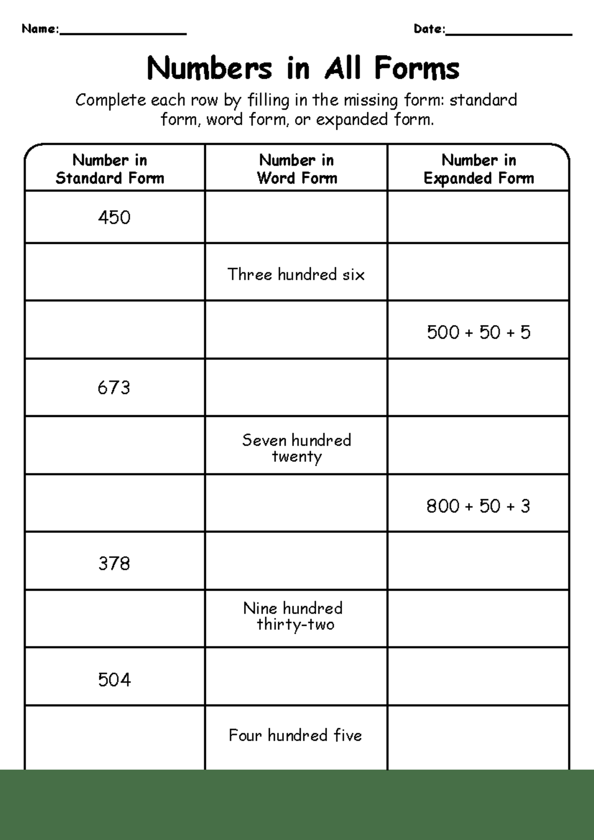 Numbers in All Forms - 2nd Grade Worksheet - Name: Date: 504 378 450 ...