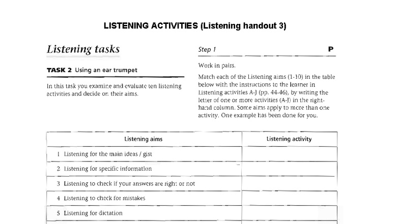 Listening Activities Handout 3: Engaging Listening Tasks and Aims - Studocu