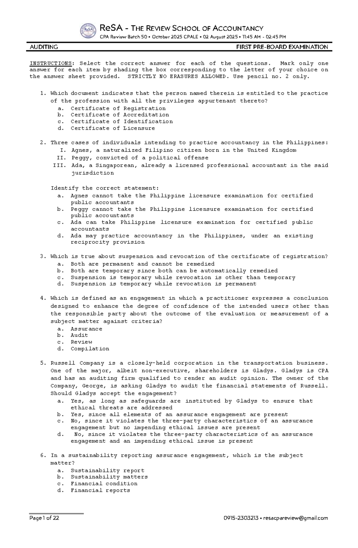 ReSA Batch 50 AUDITING First Exam Questions & Answers Solutions - Studocu