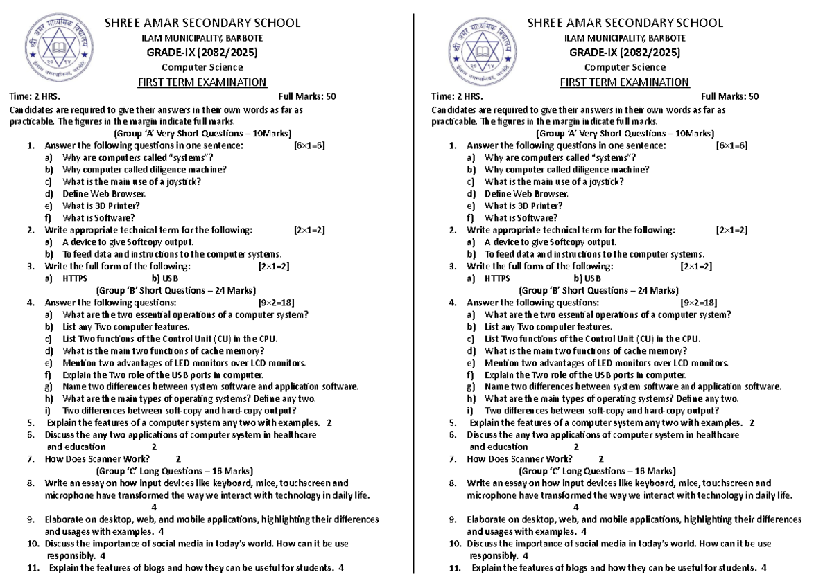 Class 9 CS First Term Exam Questions 2082 Asar - Studocu