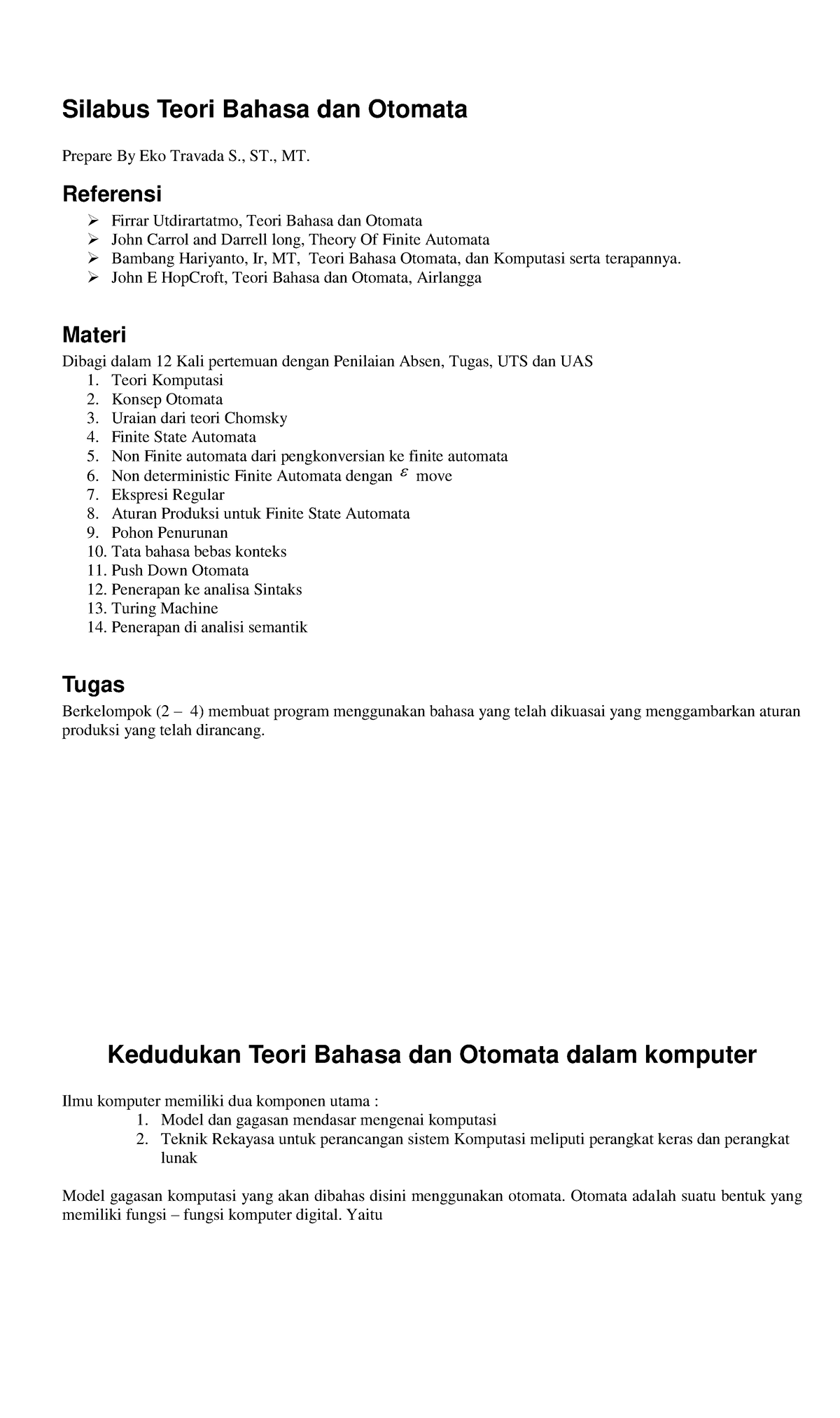 Syllabus Teori Bahasa dan Otomata Dasar (Mata Kuliah) - Studocu