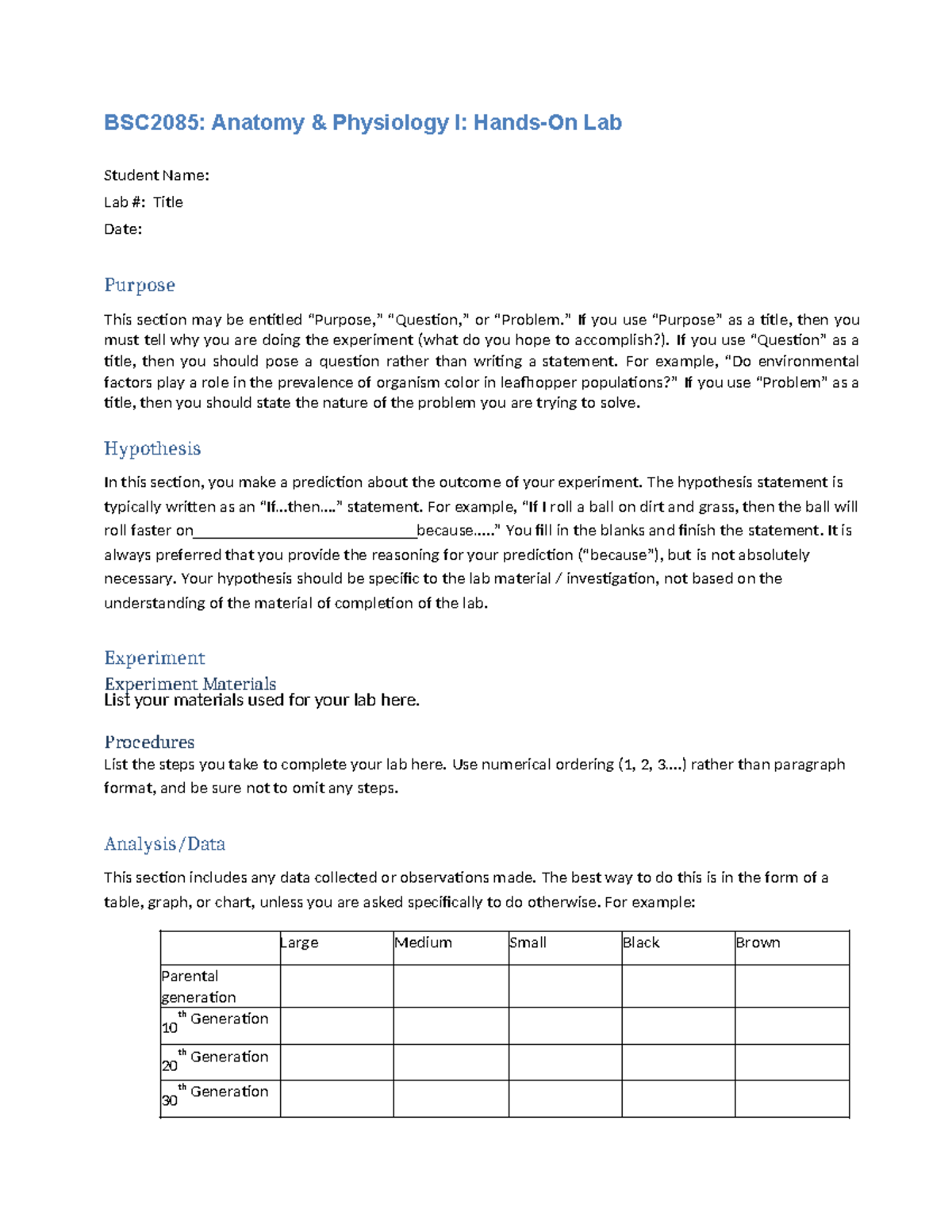 BSC2085 Lab Report Template: Anatomy & Physiology I Lab Guide - Studocu