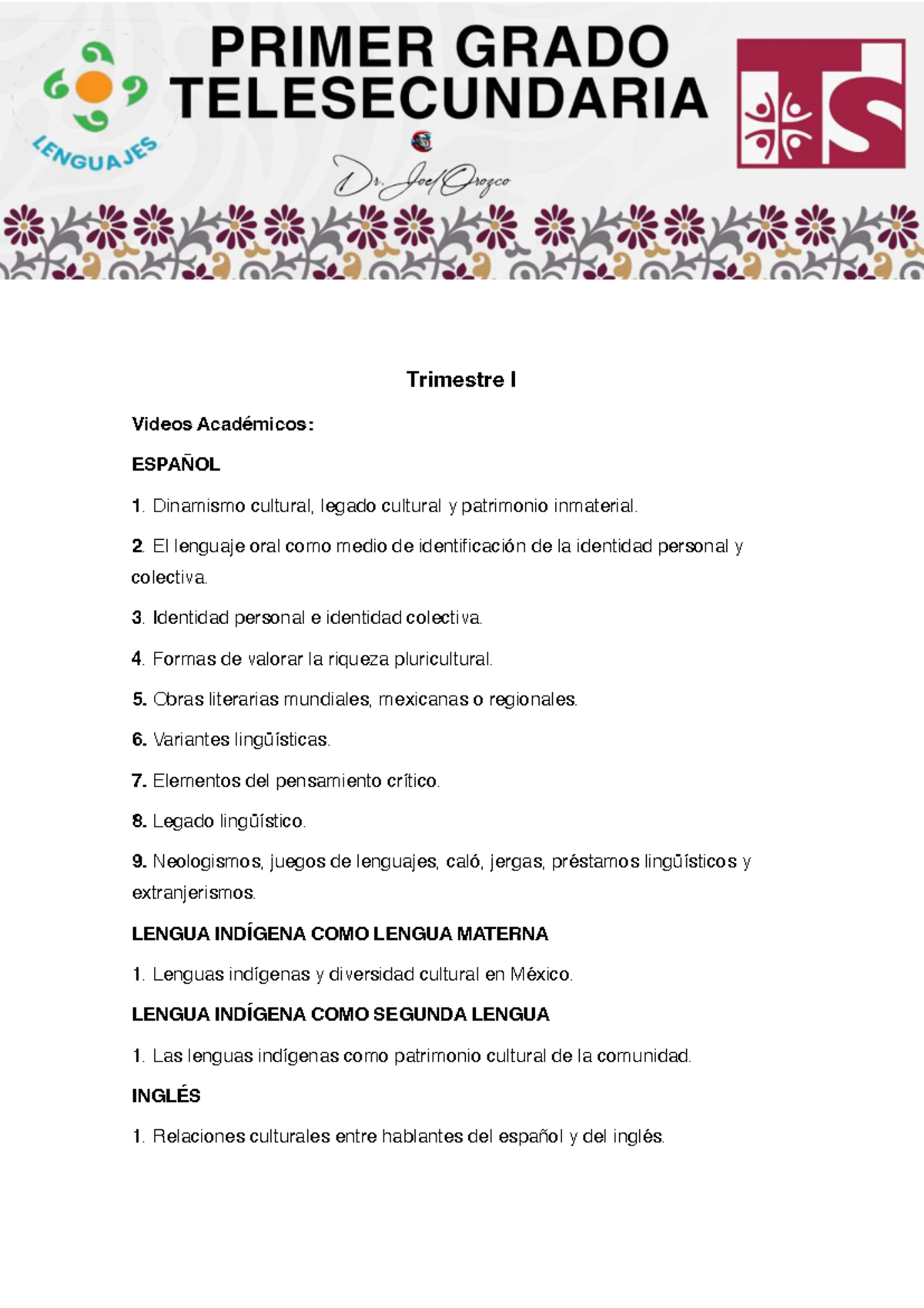 Lenguajes Primer Grado: Trimestre I - Videos Académicos y Contenidos - Studocu