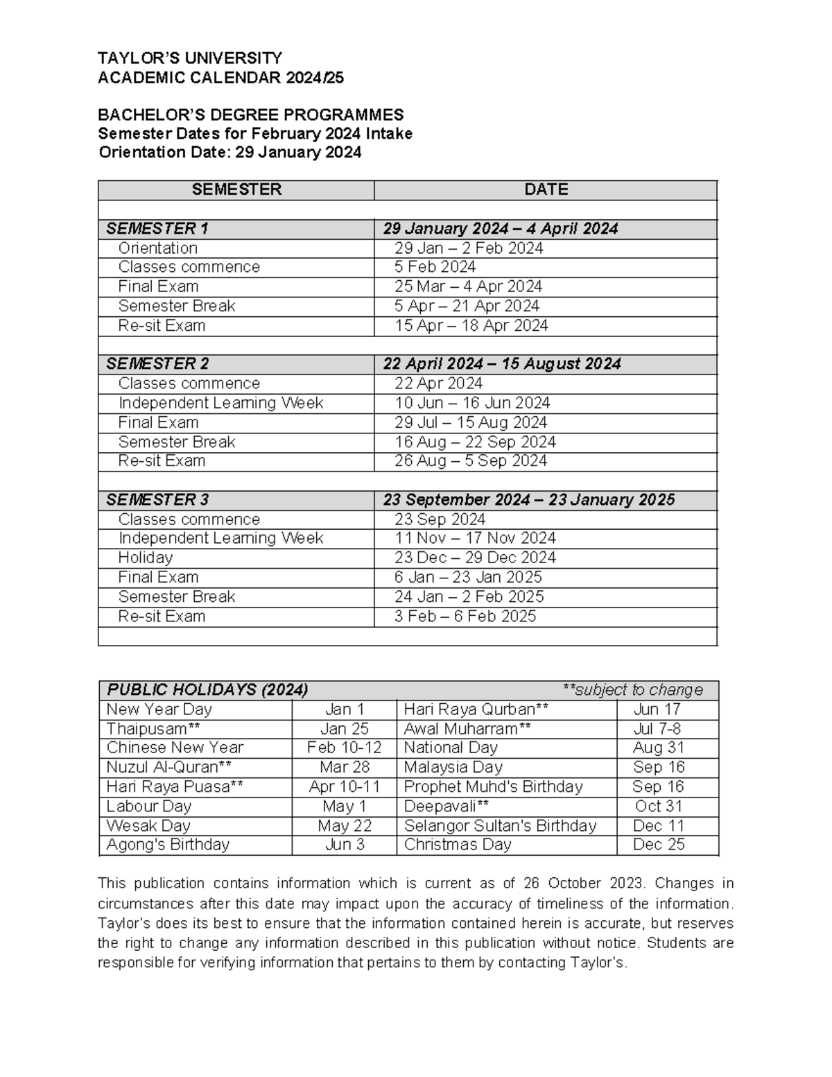Taylor's University Academic Calendar 2024 - Semester Dates & Public ...