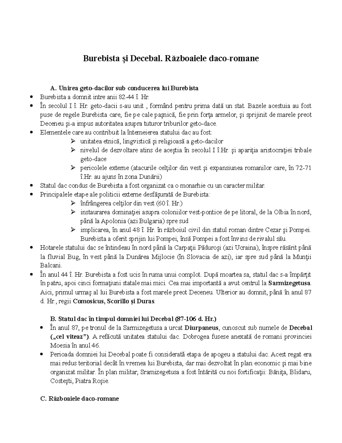 Burebista si decebal - razboaiele daco-romane sinteza - Burebista și Decebal. Războaiele daco ...