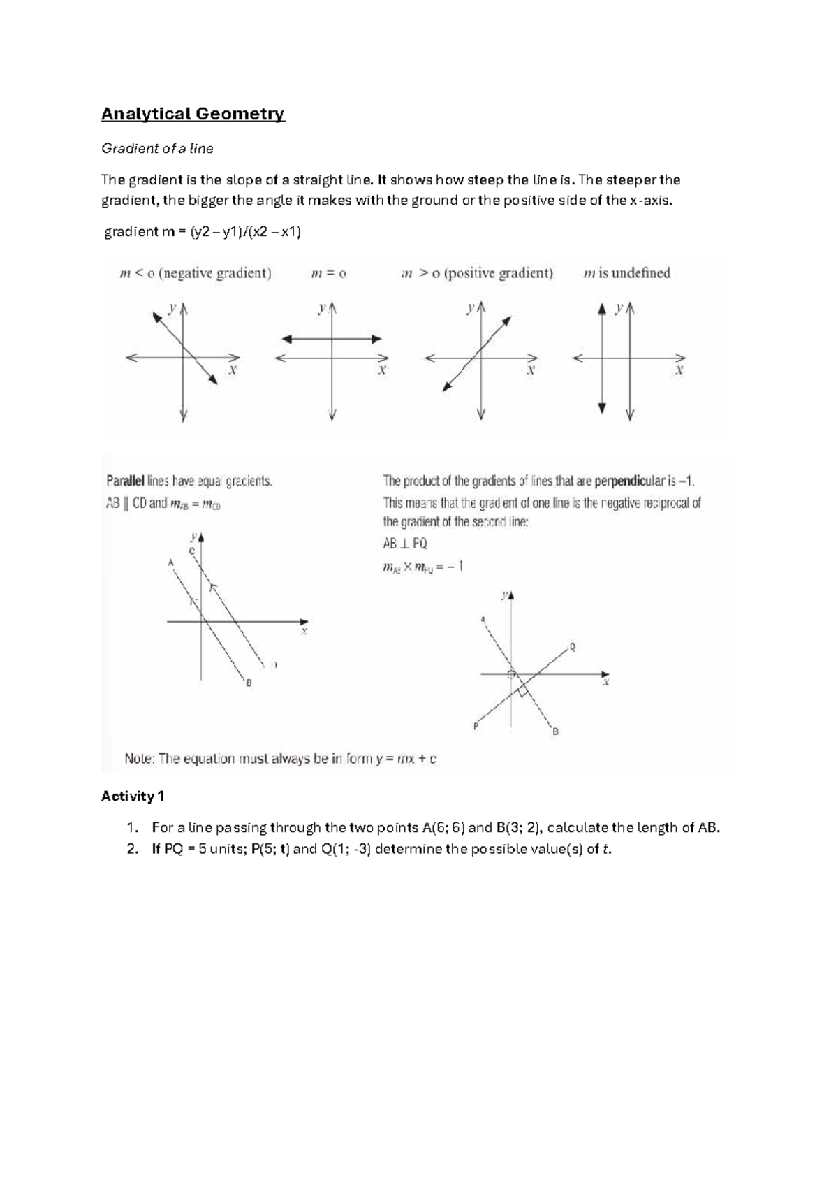 Analytical Geometry Revision Worksheet: Gradient of a Line - Studocu