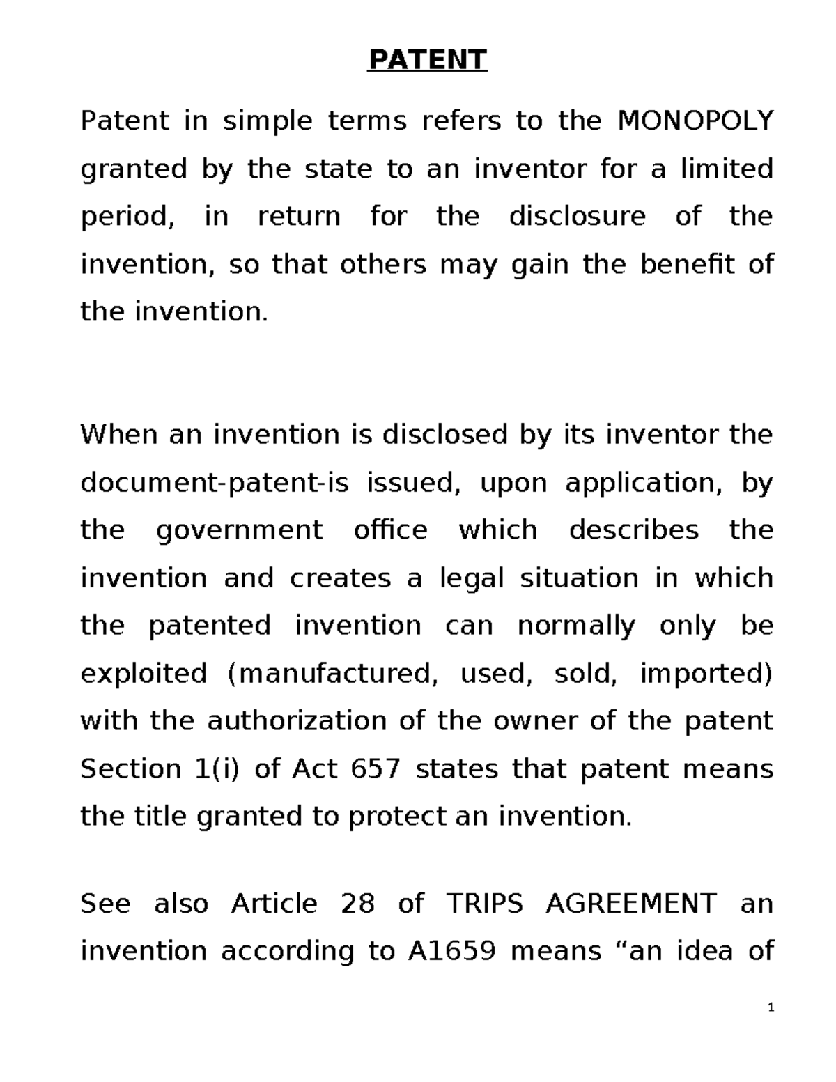 Patent Law A1659: Summary of Key Concepts and Requirements - Studocu