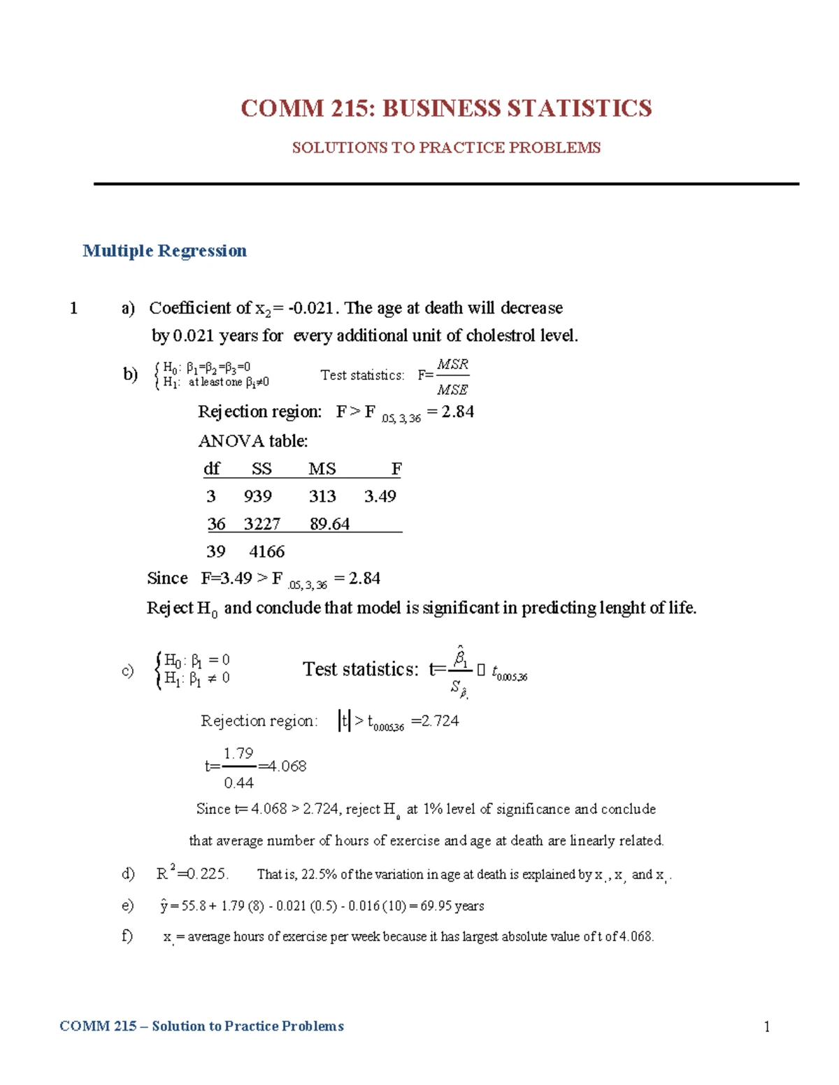 COMM 215 – Solutions to Linear Regression Practice Problems - Studocu