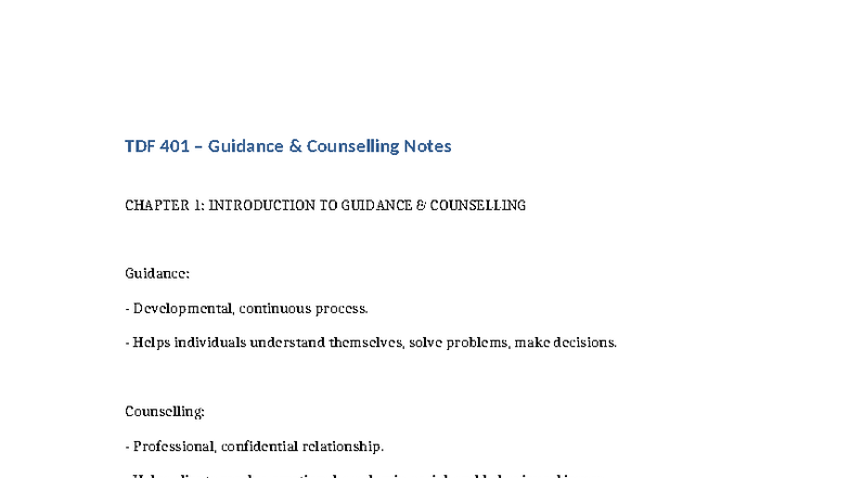 TDF 401 Guidance & Counselling Notes: Key Concepts & Theories - Studocu