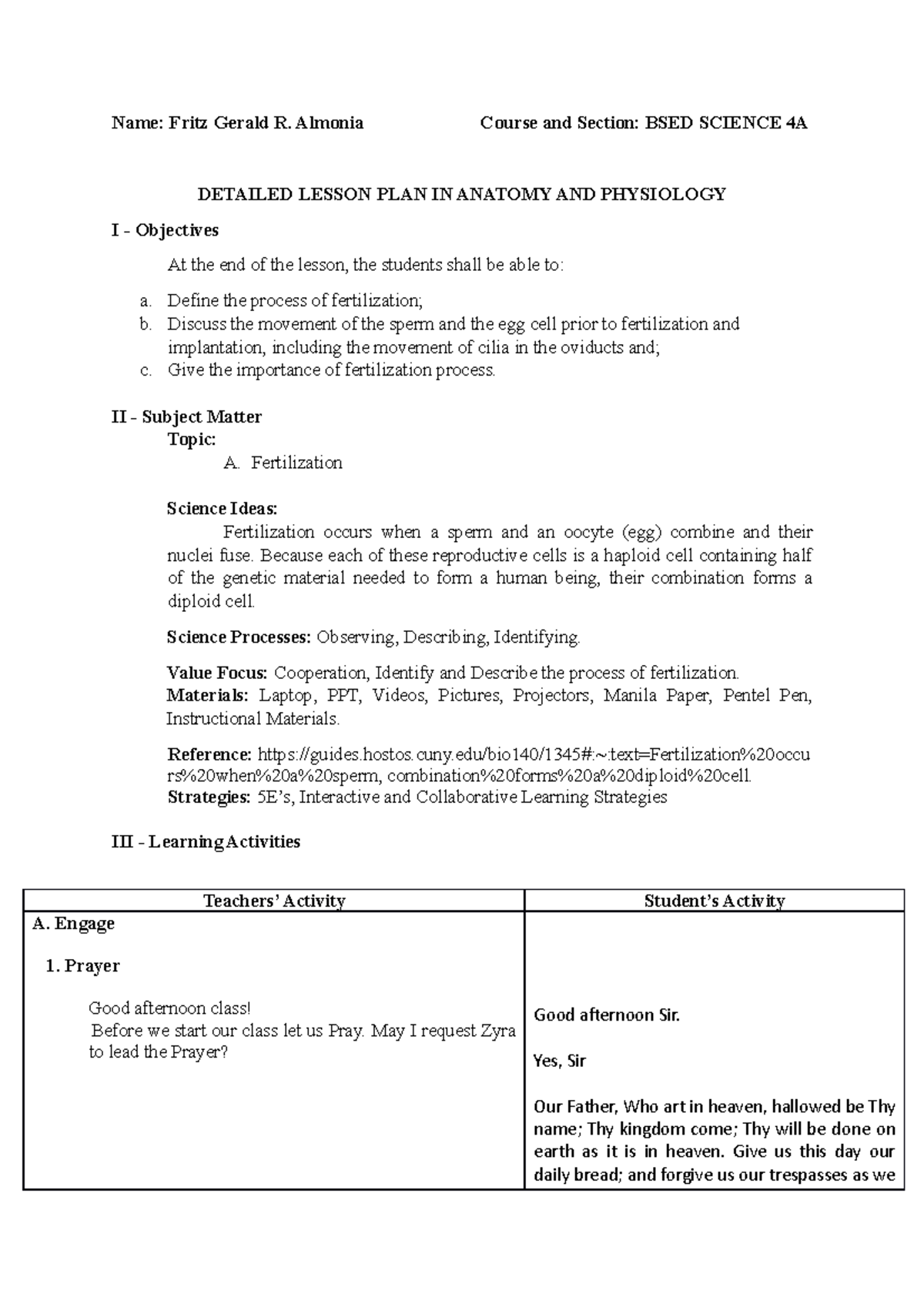 BSED SCI 4A - Detailed Lesson Plan on Fertilization Process - Studocu