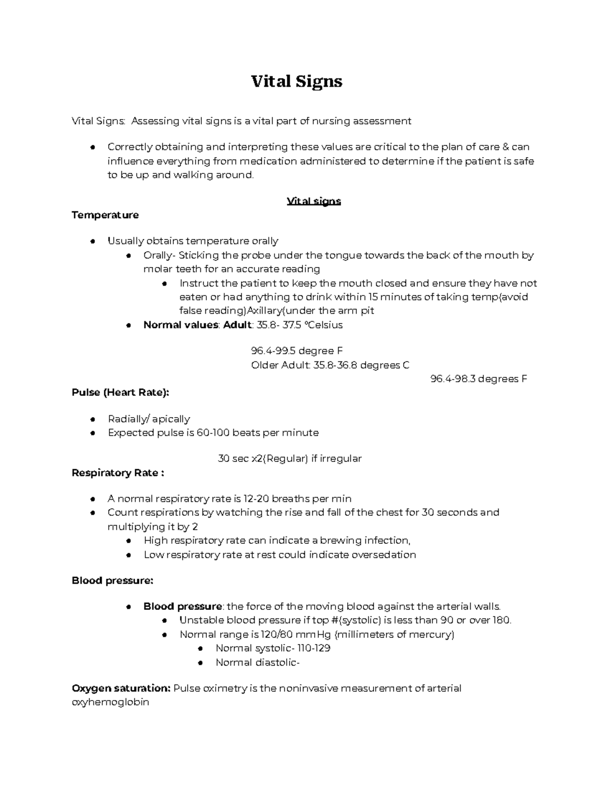 Vital Signs Nursing Assessment Notes for Care Planning - Studocu