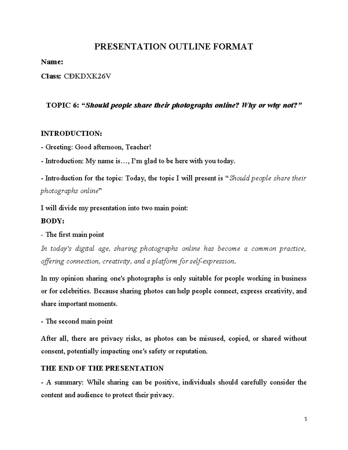 CĐKDXK26V Presentation Outline - Topic 6: Sharing Photos Online - Studocu