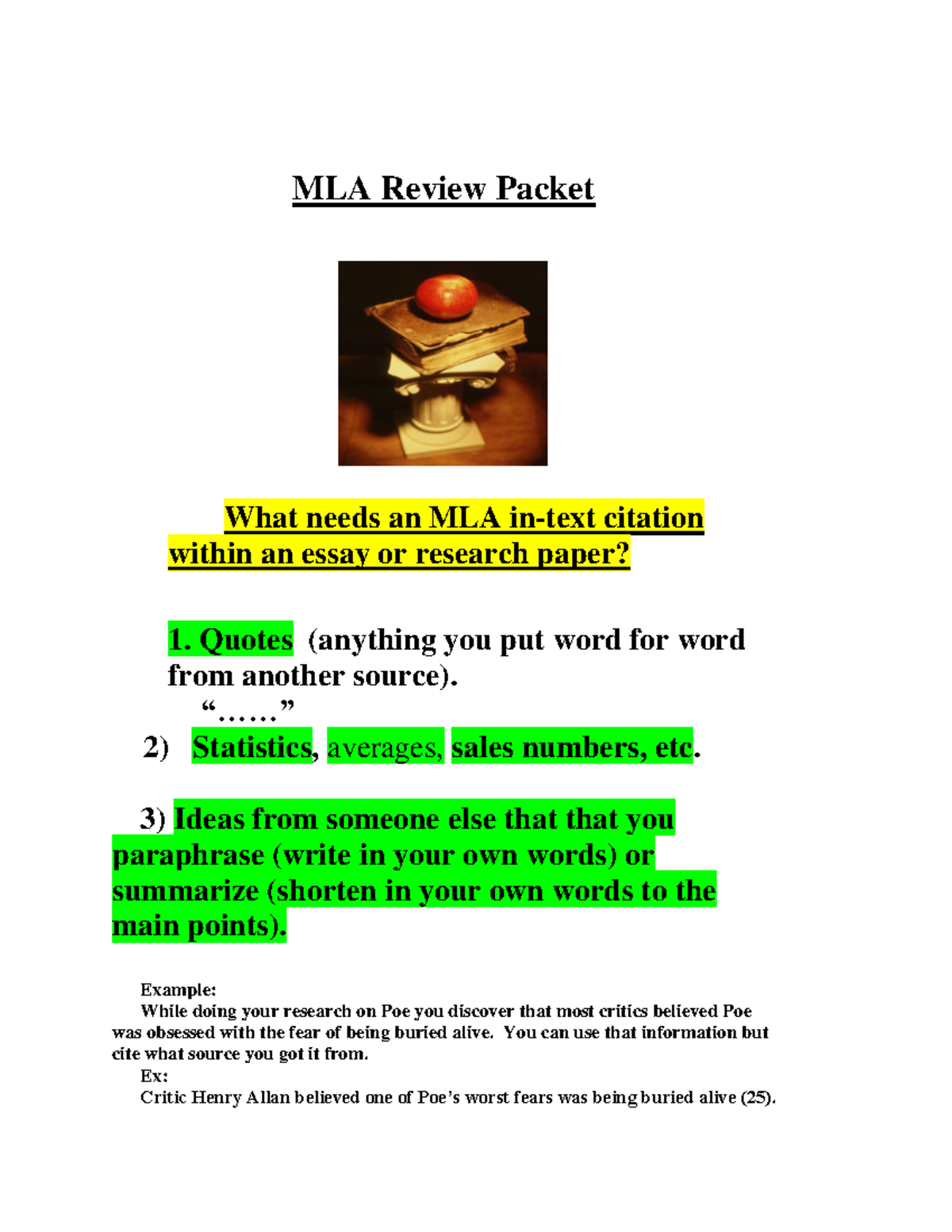 MLA Citation Guidelines Review Packet - MLA Review Packet What needs an ...