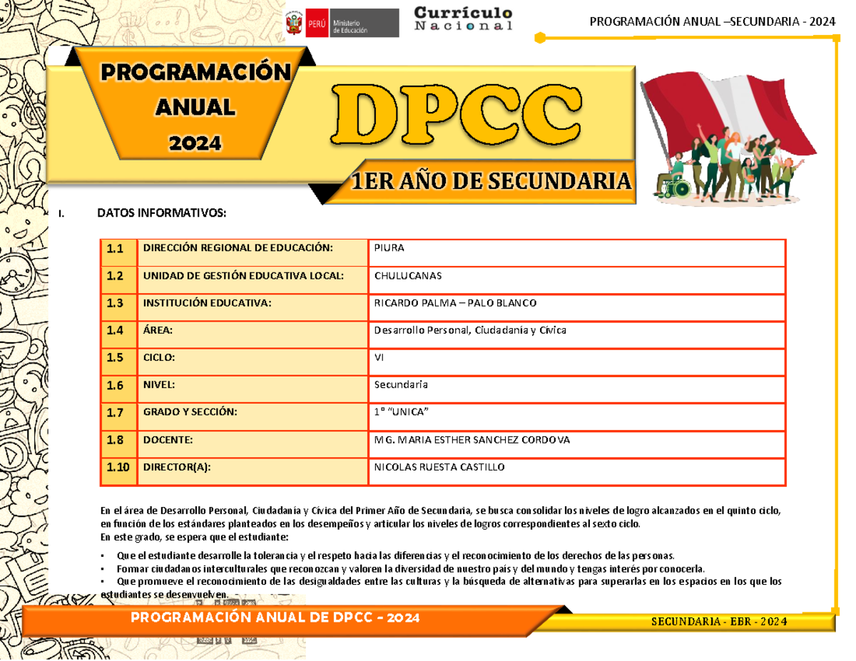 Programacion Anual DPCC 1° - 2024 - I. DATOS INFORMATIVOS: 1 DIRECCIÓN REGIONAL DE EDUCACIÓN ...