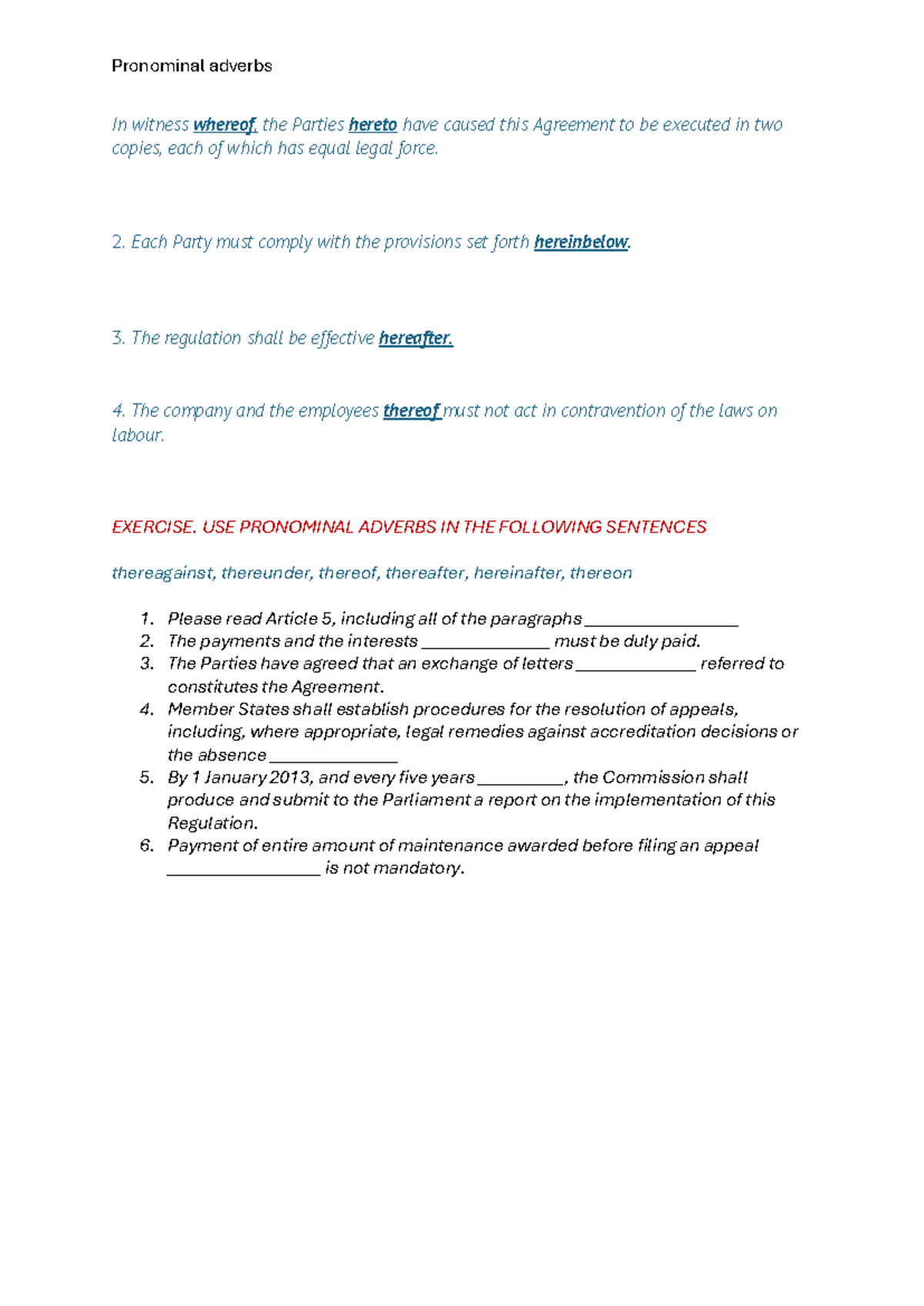 Pronominal Adverbs Exercises (1) for Legal Agreements - Studocu