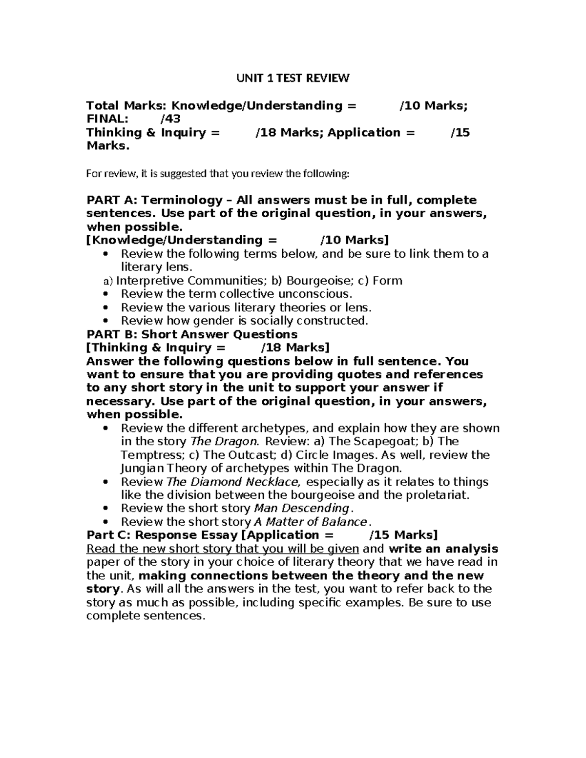 UNIT 1 TEST REVIEW: Literary Theories & Analysis Techniques - Studocu