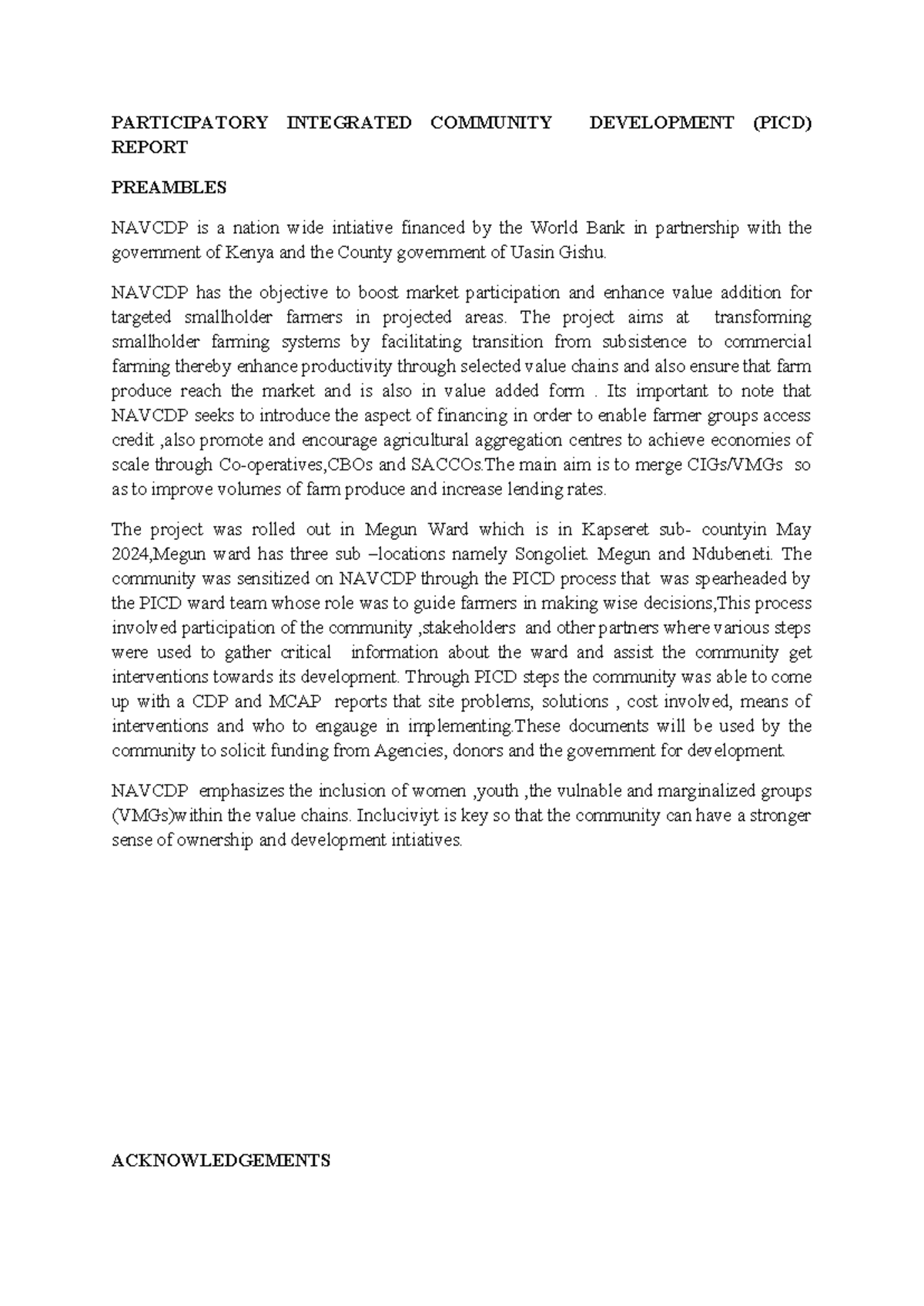 NAVCDP PICD Community Development Report for Megun Ward - Studocu