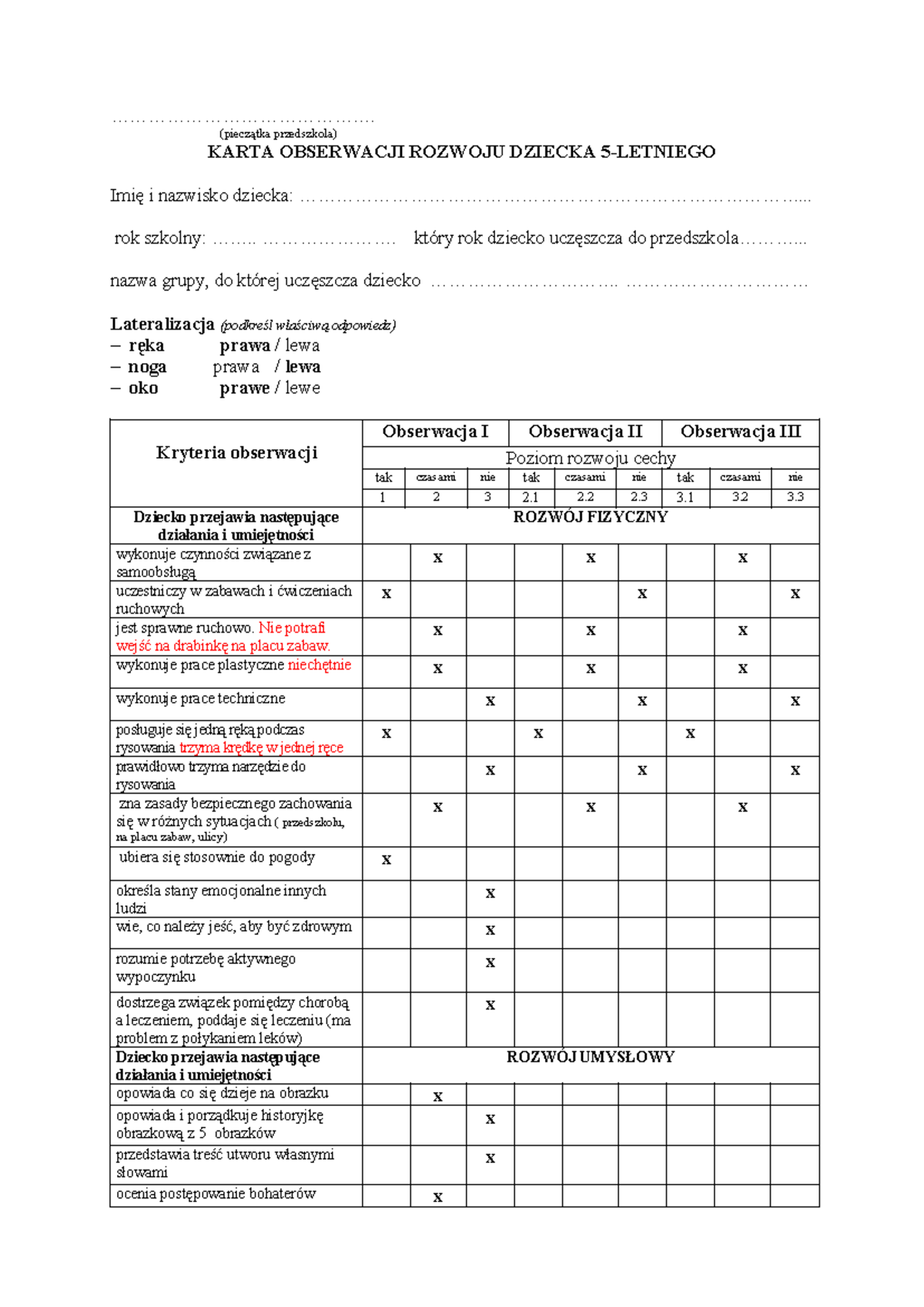 KARTA OBSERWACJI ROZWOJU 5-LETNIEGO DZIECKA - PRZYKŁADOWY ARKUSZ - Studocu