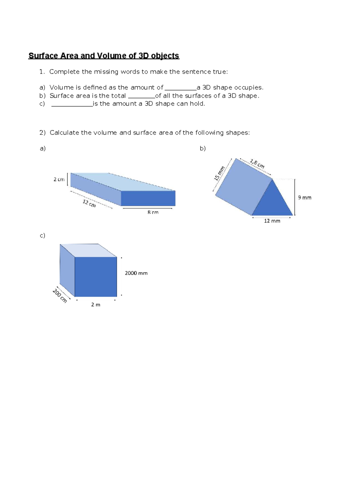 Grade 8 Worksheet 17: Surface Area & Volume of 3D Shapes - Studocu