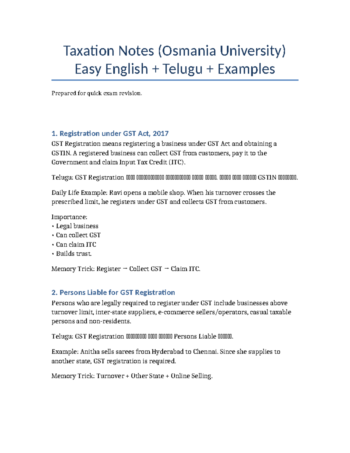 Taxation Exam Notes (OU) - Quick Revision Guide with Examples - Studocu