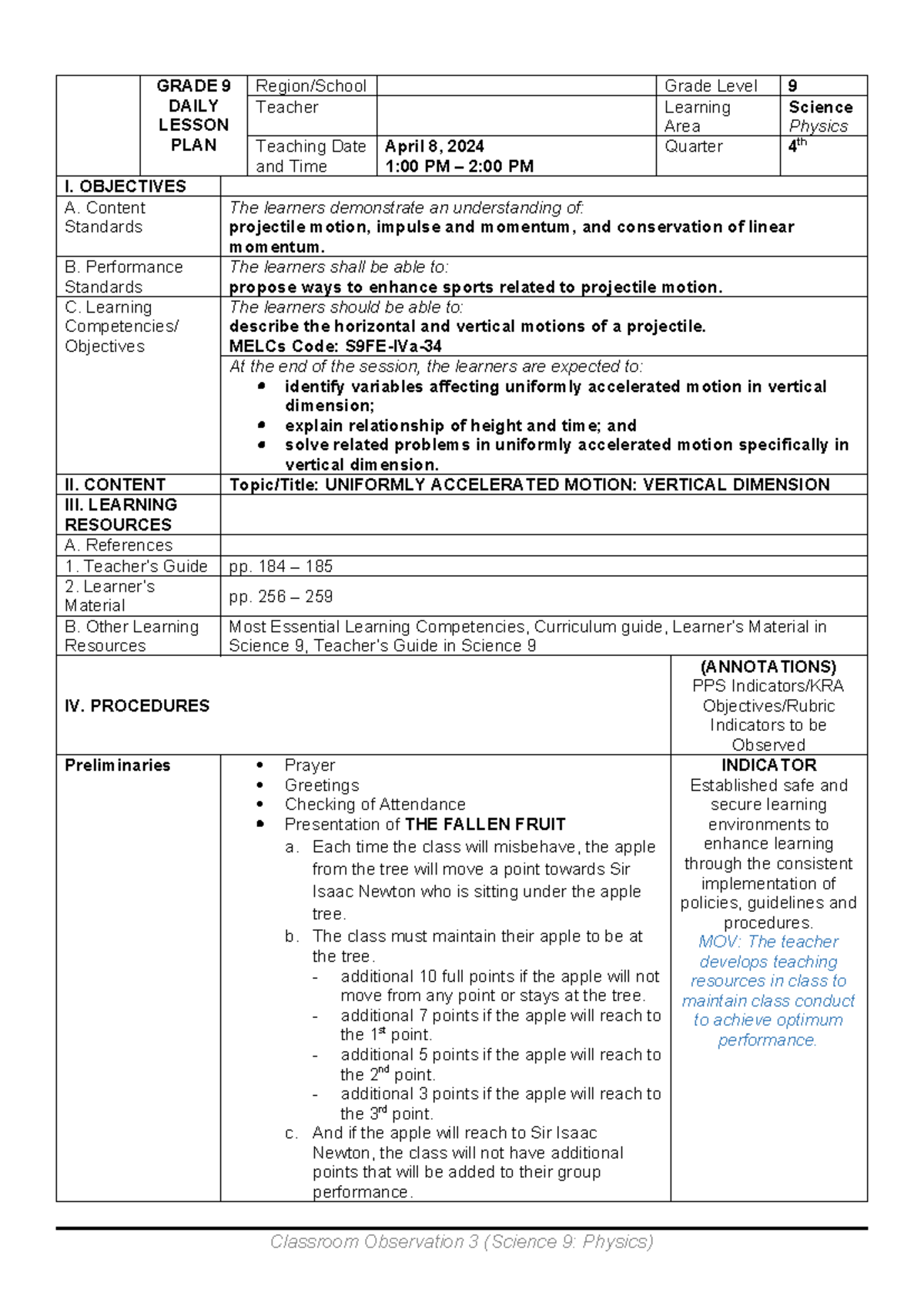 Grade 9 Science Lesson Plan: Uniformly Accelerated Motion (Vertical ...