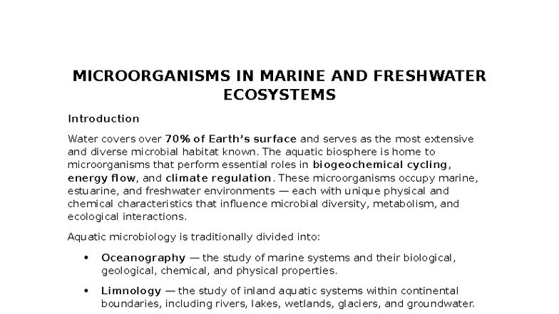 Microorganisms in Marine and Freshwater Ecosystems: An Overview - Studocu