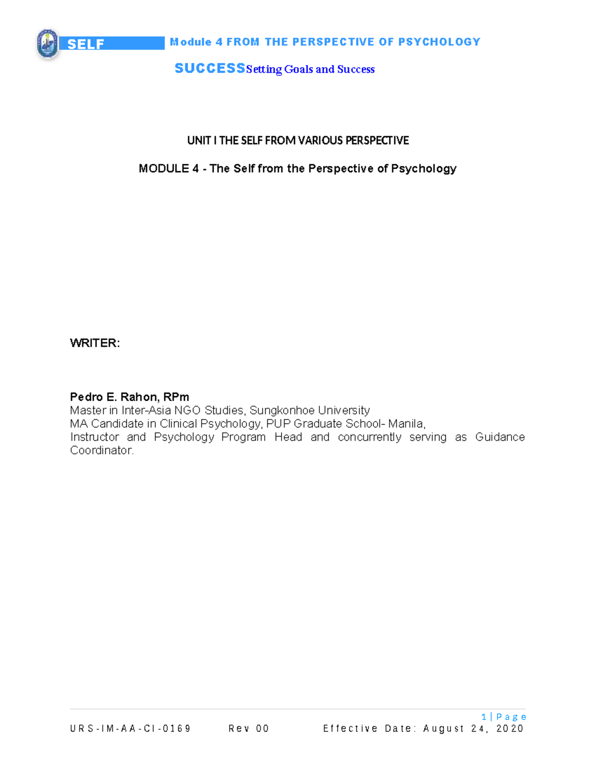 UTS- Module 4: Understanding the Self from a Psychological Perspective - Studocu