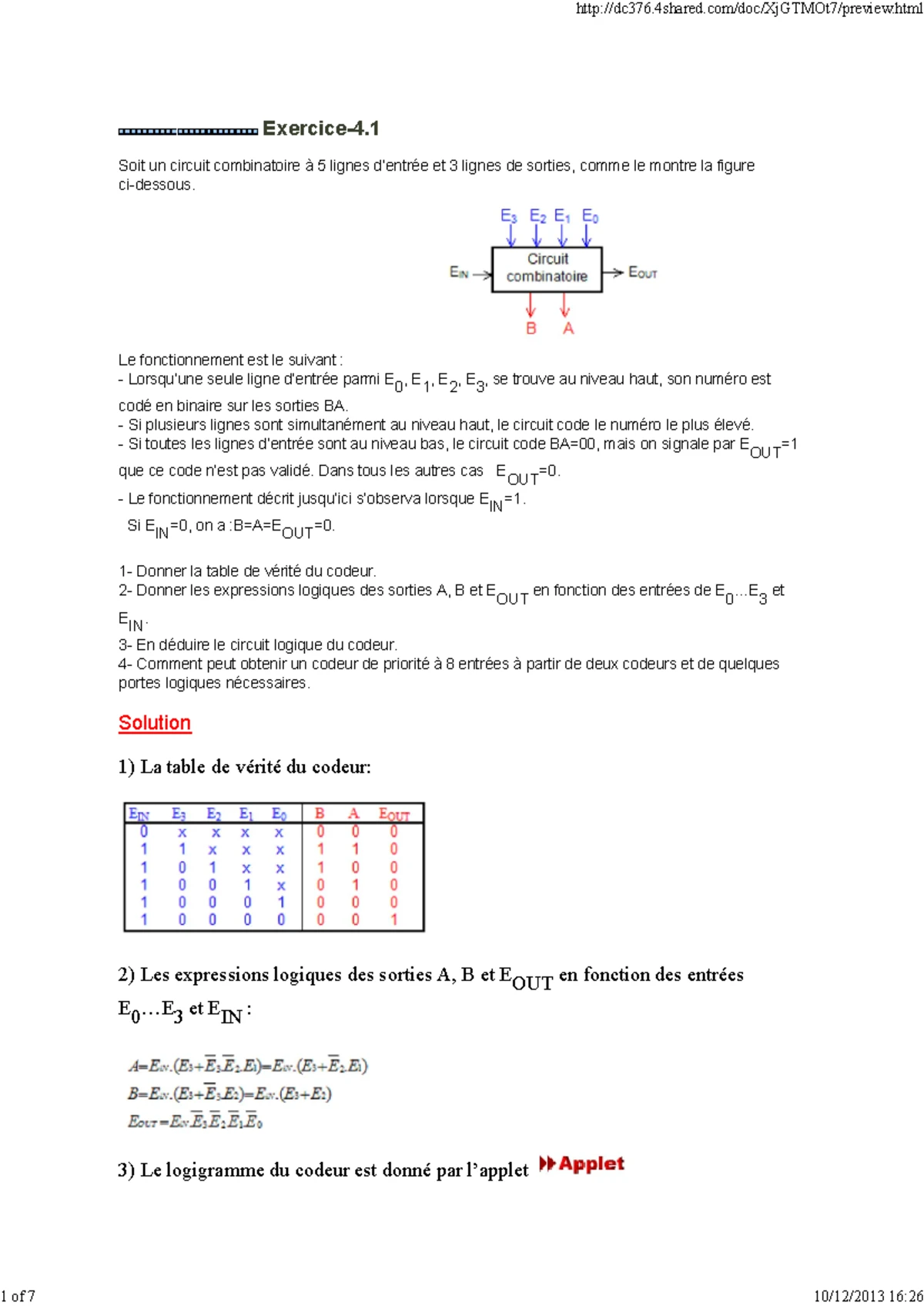 Codeur-decodeur - Correction exercices de TD Électronique Numérique - Exercice-4. Soit un ...