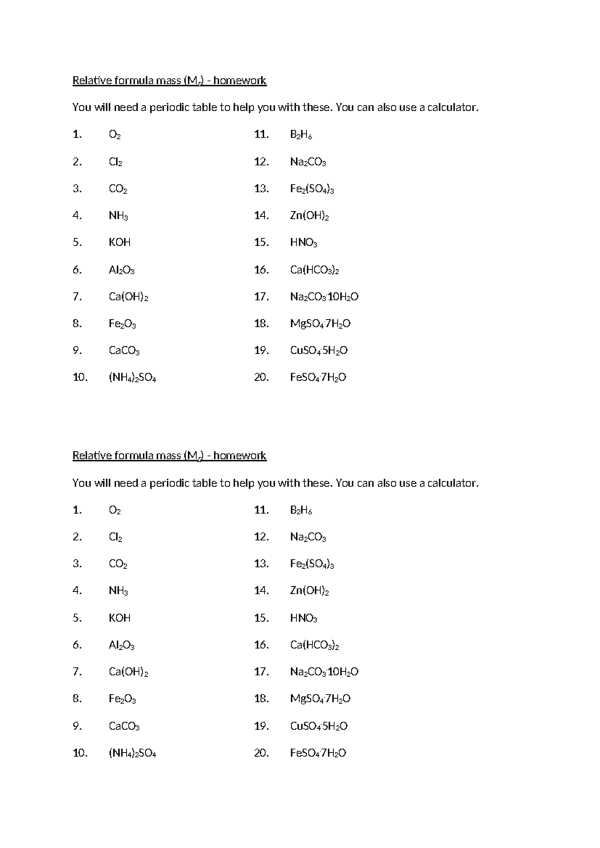 Relative Formula Mass (Mr) Homework Worksheet - Studocu