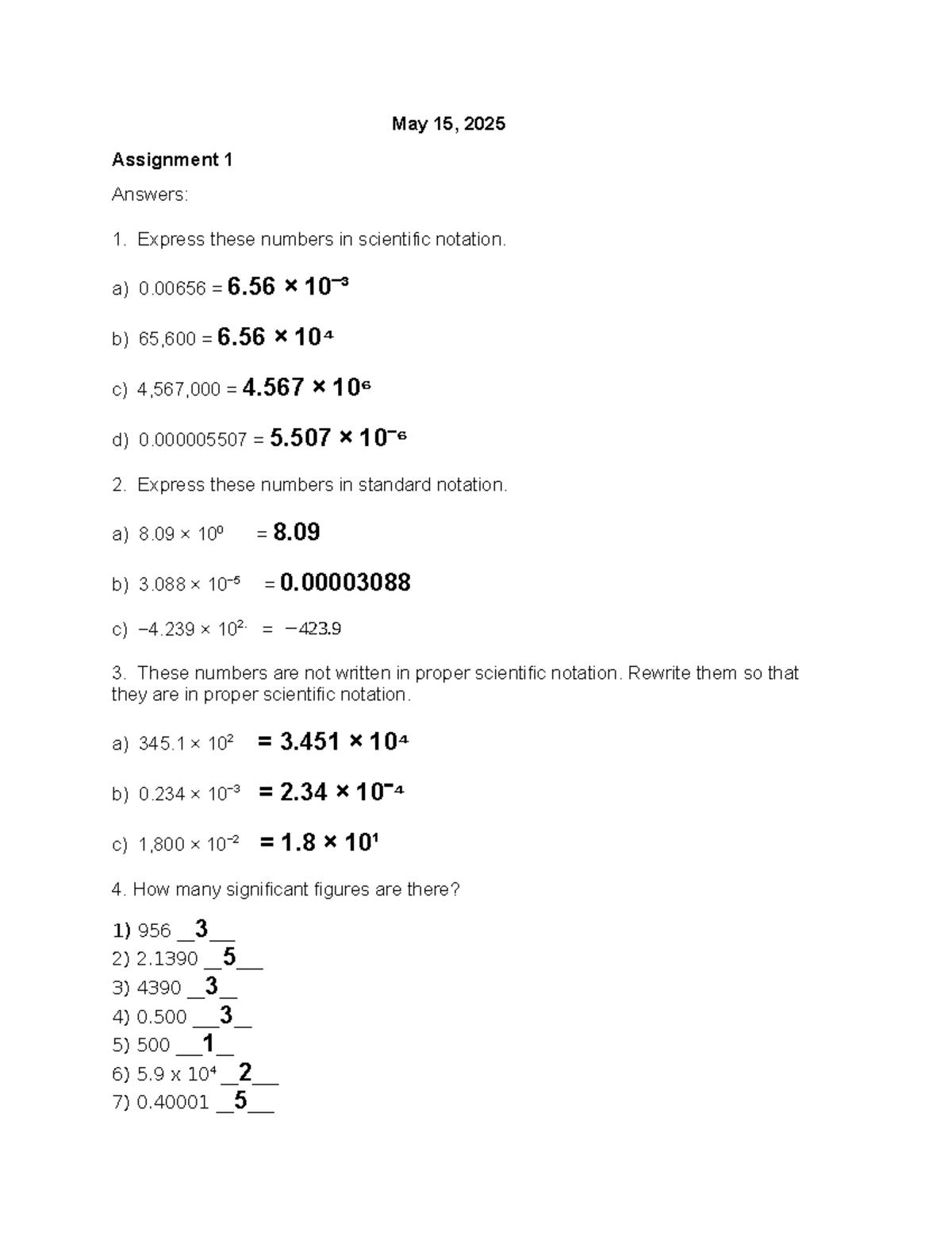 Chemistry Assignment 1 Answers: Scientific Notation & Unit Conversions ...