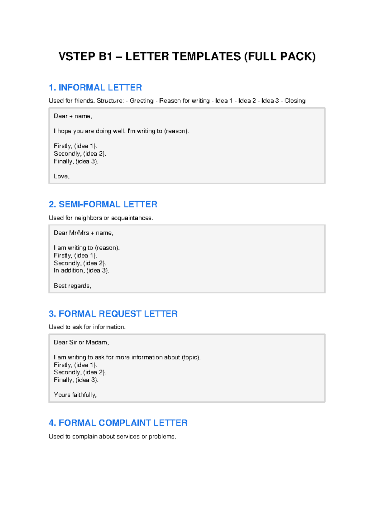 VSTEP B1 Letter Templates: Informal & Formal Formats - Studocu