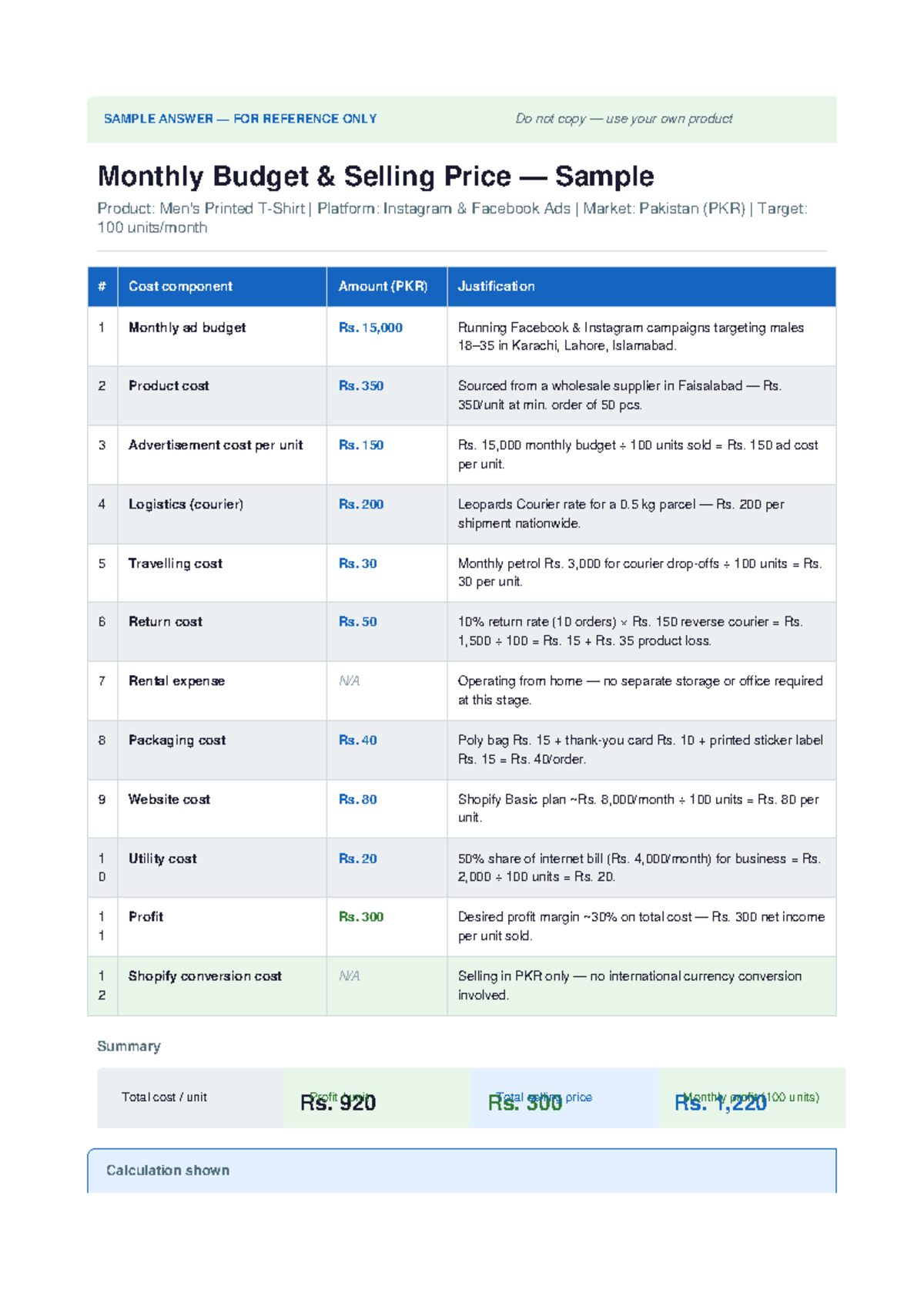 Monthly Budget Calculator for Selling on Instagram & Facebook (PKR ...