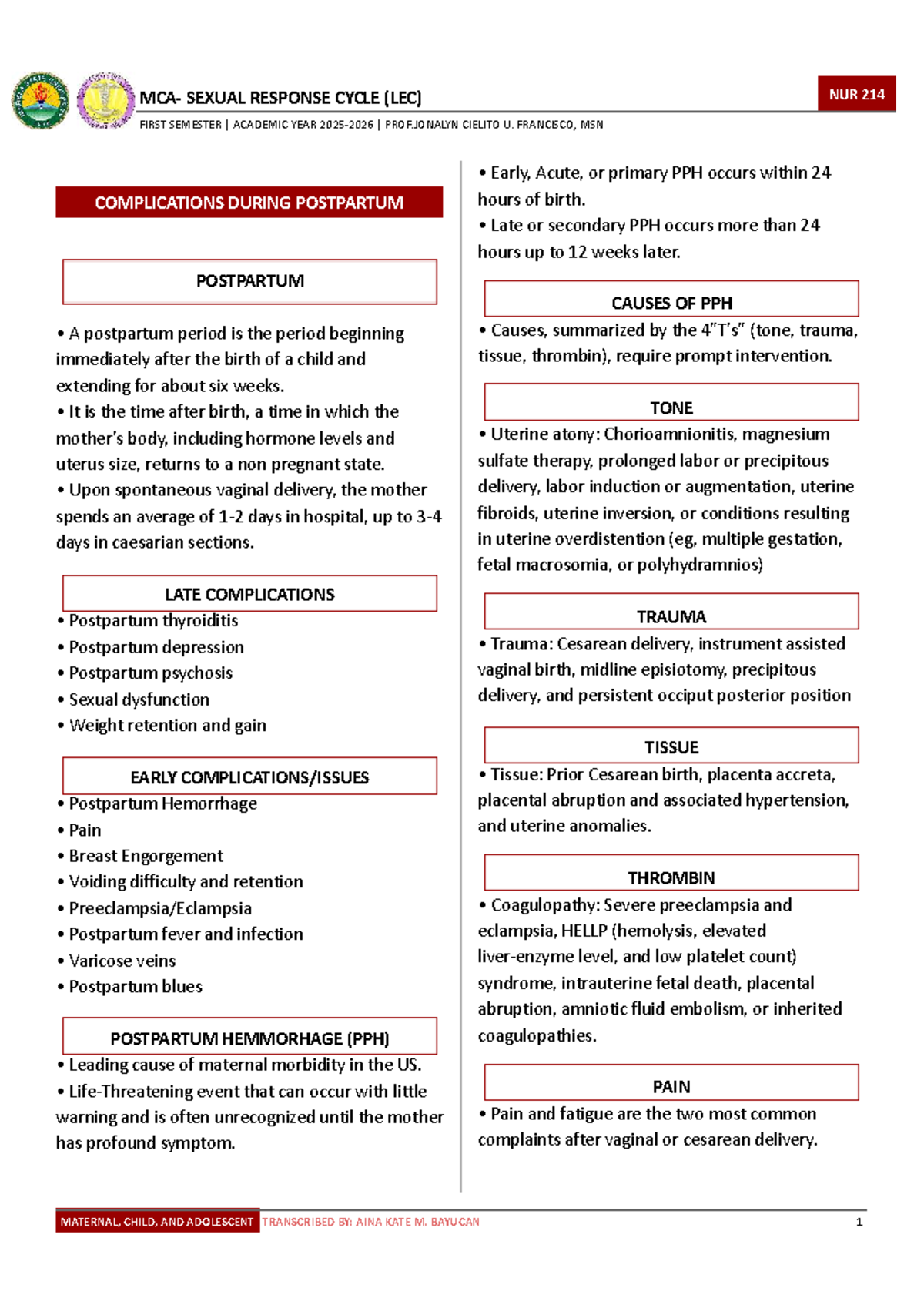 NUR 214 POSTPARTUM COMPLICATIONS LECTURE NOTES - PROF. FRANCISCO - Studocu