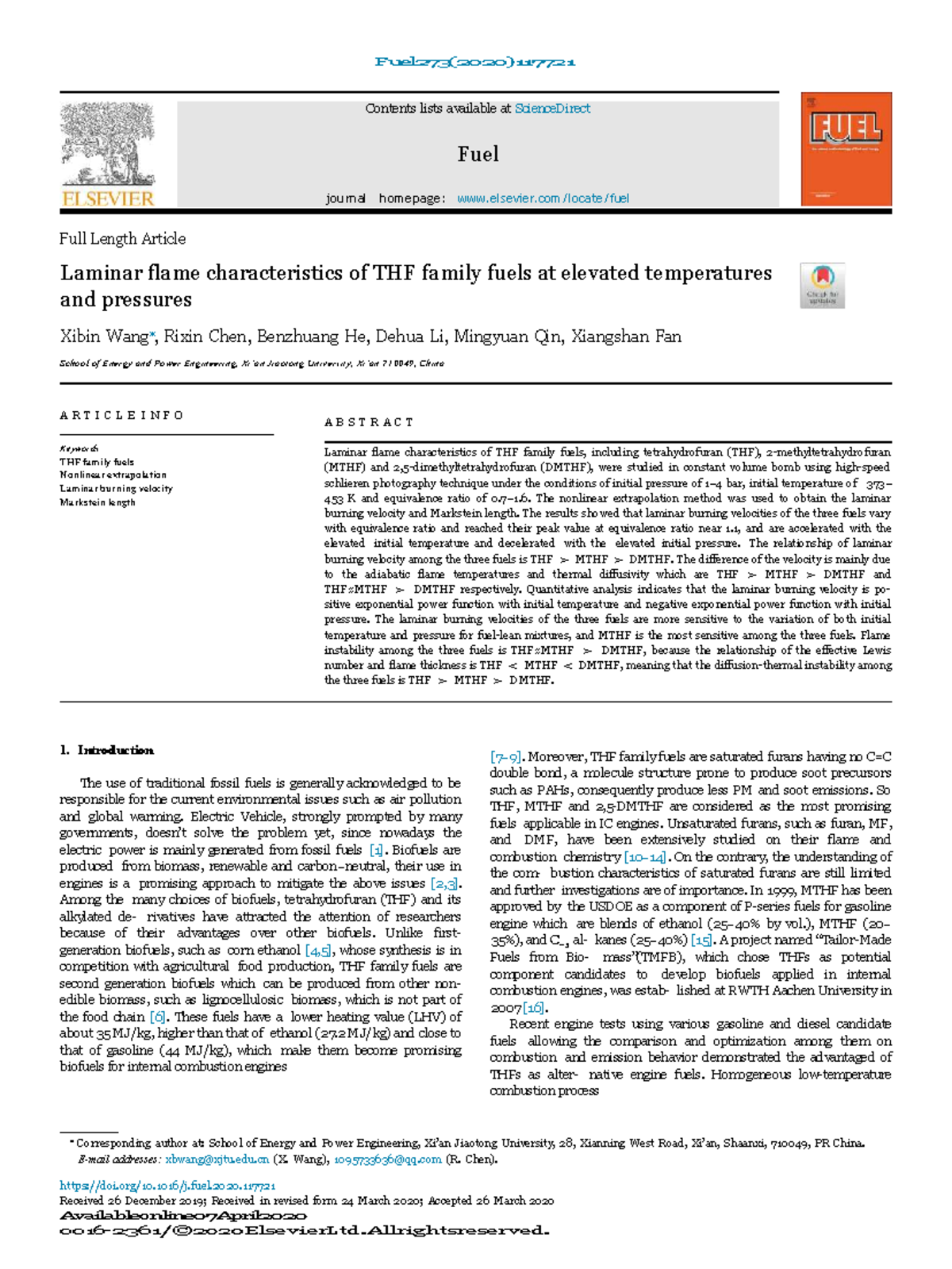 Laminar Flame Characteristics of THF Family Fuels at Elevated ...