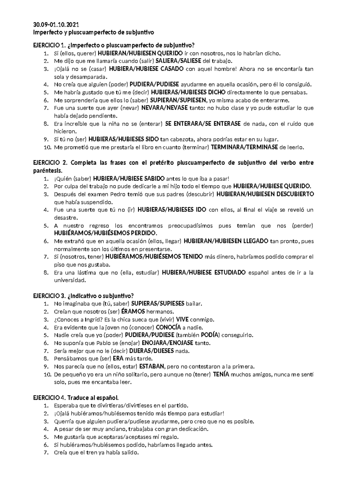 Imperfecto y Pluscuamperfecto de Subjuntivo - Ejercicios y Claves - Studocu