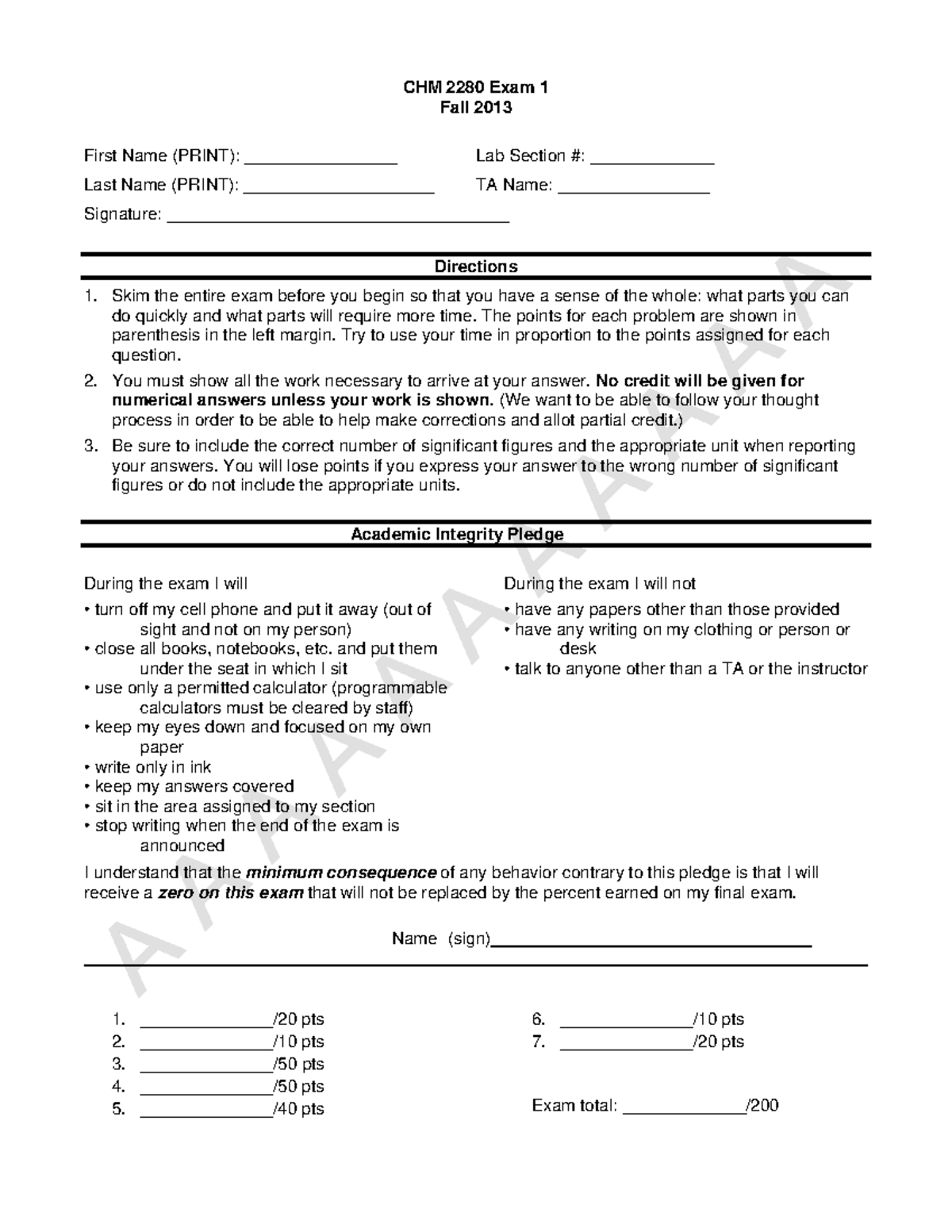 Exam plus practice exams 1-3 - CHM 2280 Exam 1 Fall 2013 First Name ...
