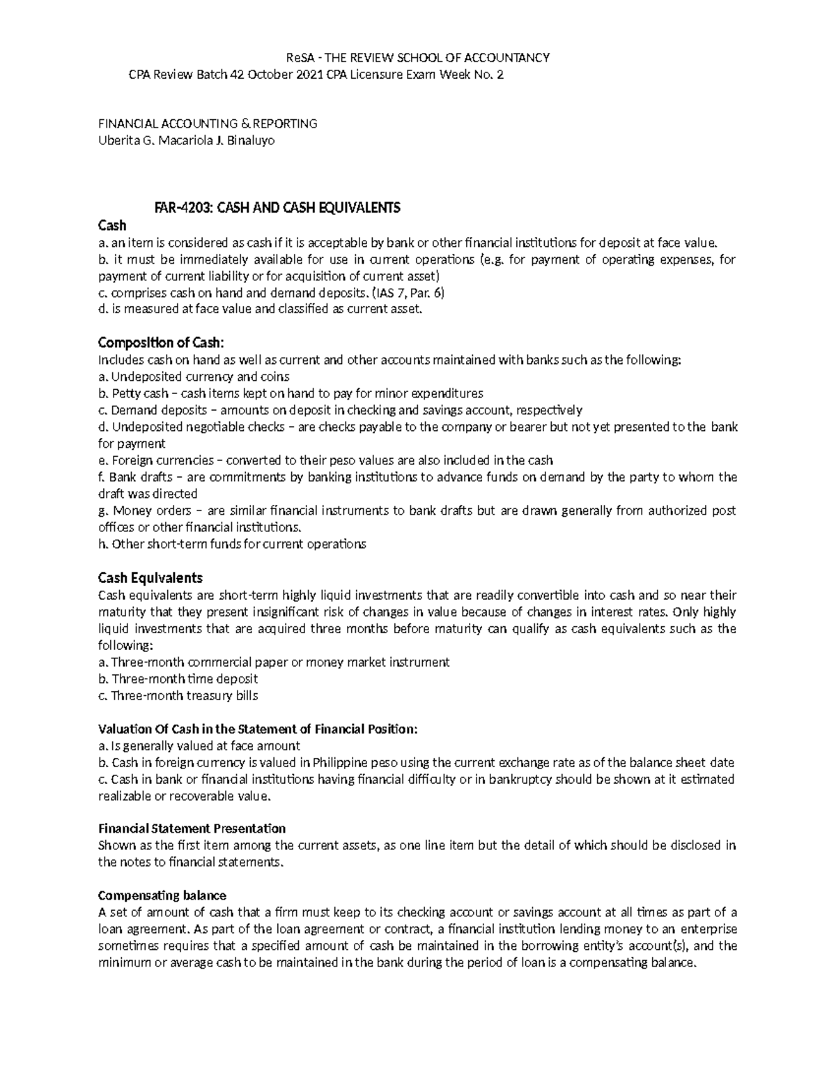 ReSA CPA Review Batch 42: Financial Accounting & Cash Equivalents Notes ...