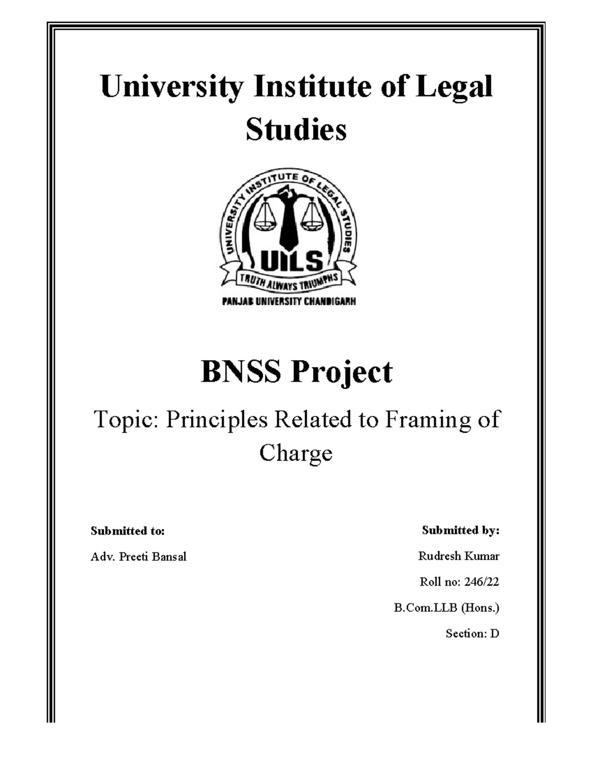 BNSS Project: Principles of Charge Framing in Criminal Trials - Studocu