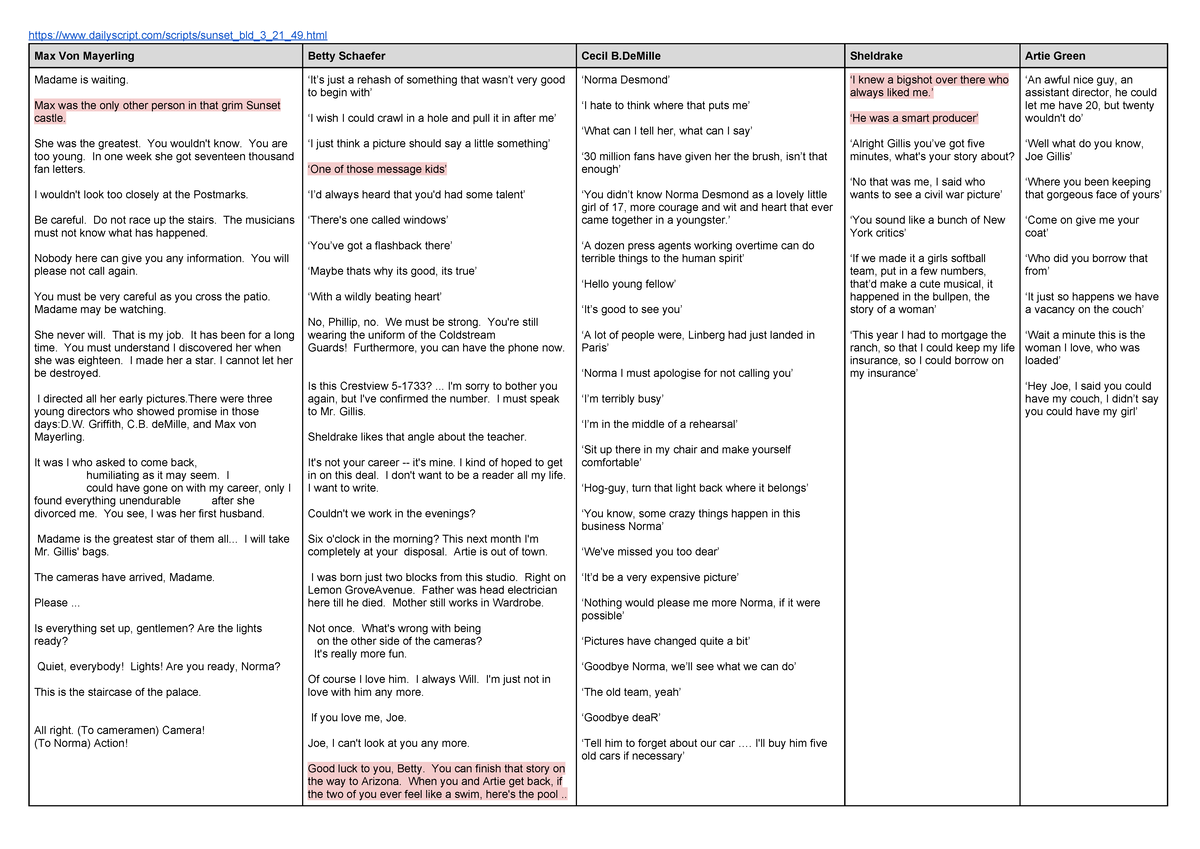 Sunset Boulevard (Film) Character Quote Collection - Studocu