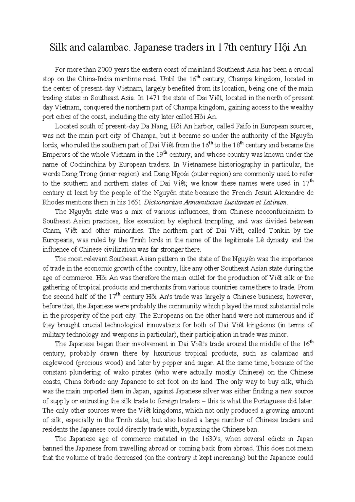 Silk and Calambac: Japanese Traders in 17th Century Hội An - Studocu