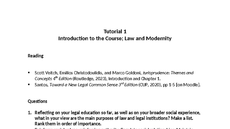ILT 2024 Tutorial 1 - Tutorial 1 Introduction to the Course; Law and ...