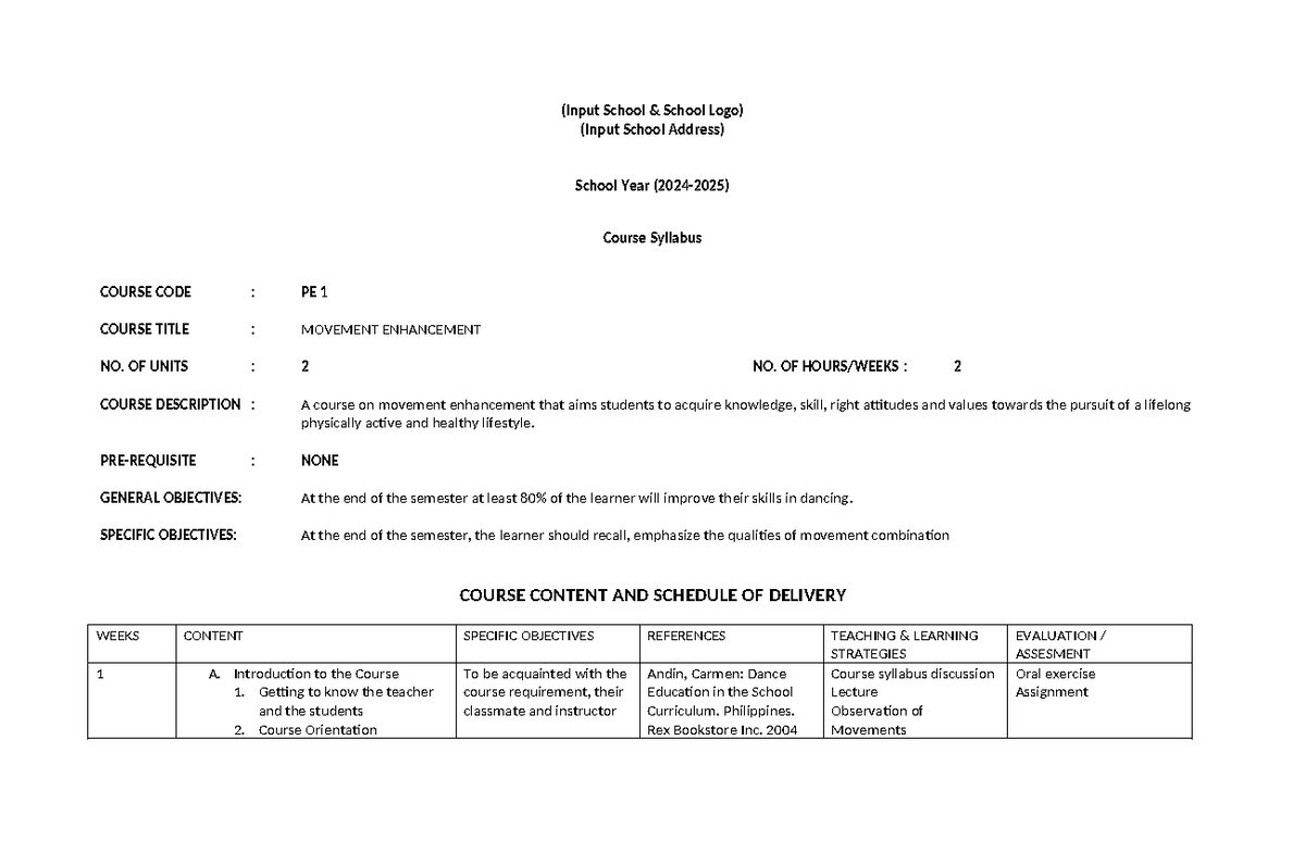 PE 1 Movement Enhancement Course Syllabus and Objectives - Studocu